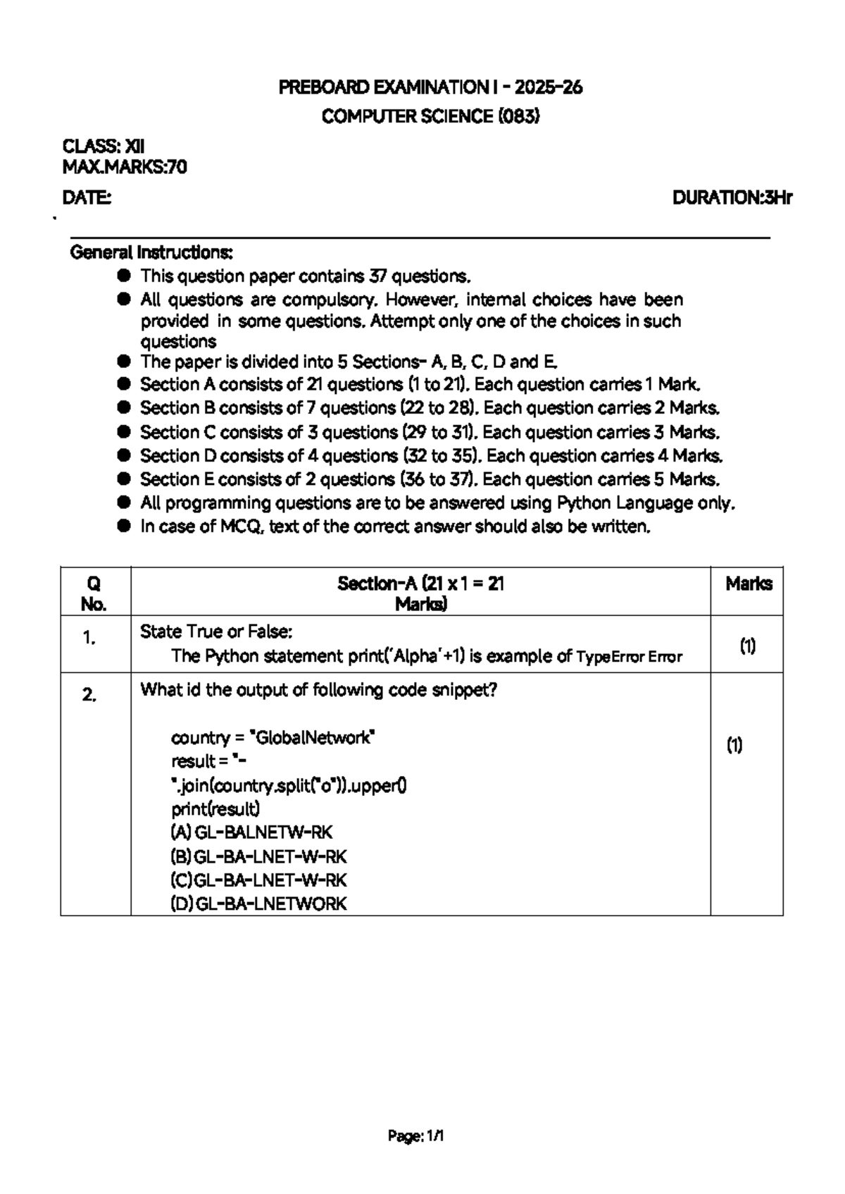 Preboard Exam I Computer Science (083) Class XII - 70 Marks - Studocu