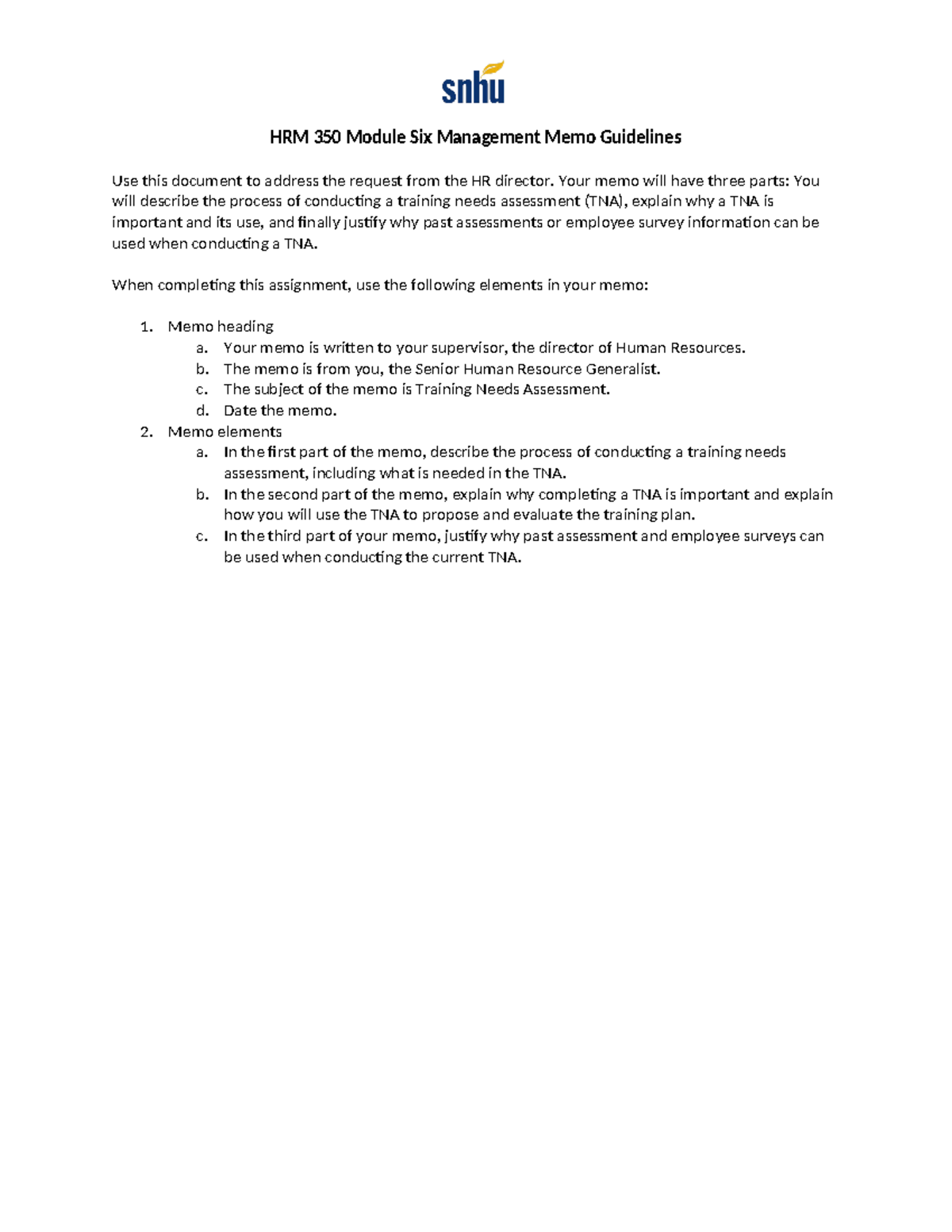 HRM 350 Module 6 Training Needs Assessment Memo Guidelines - Studocu
