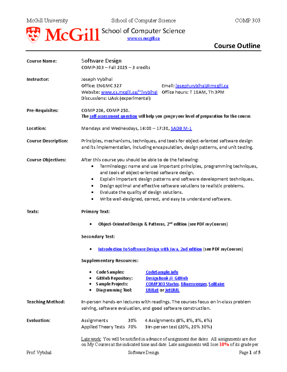 Outline for COMP 303: Software Design - Fall 2025 Course - Studocu