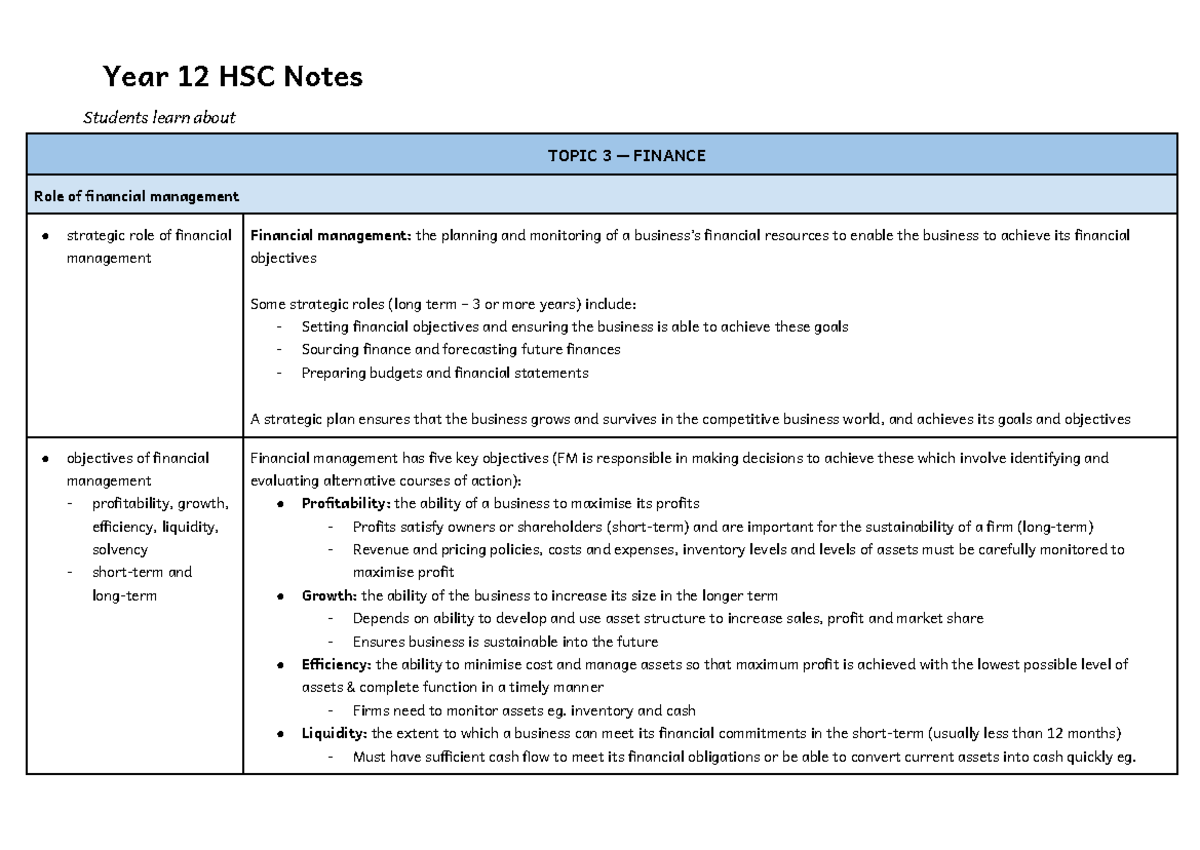 Year 12 HSC Business Studies Finance Notes: Strategic Financial ...