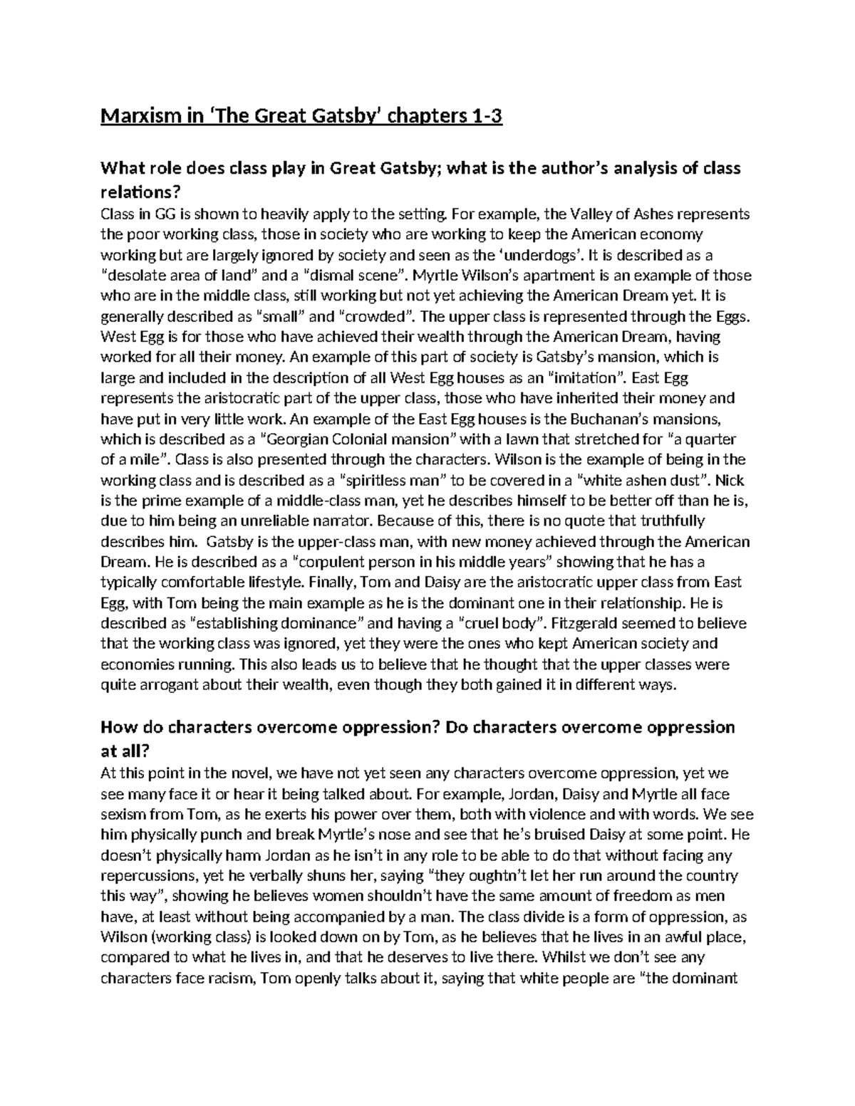 Gatsby and Marxism: Class Relations in The Great Gatsby Analysis - Studocu