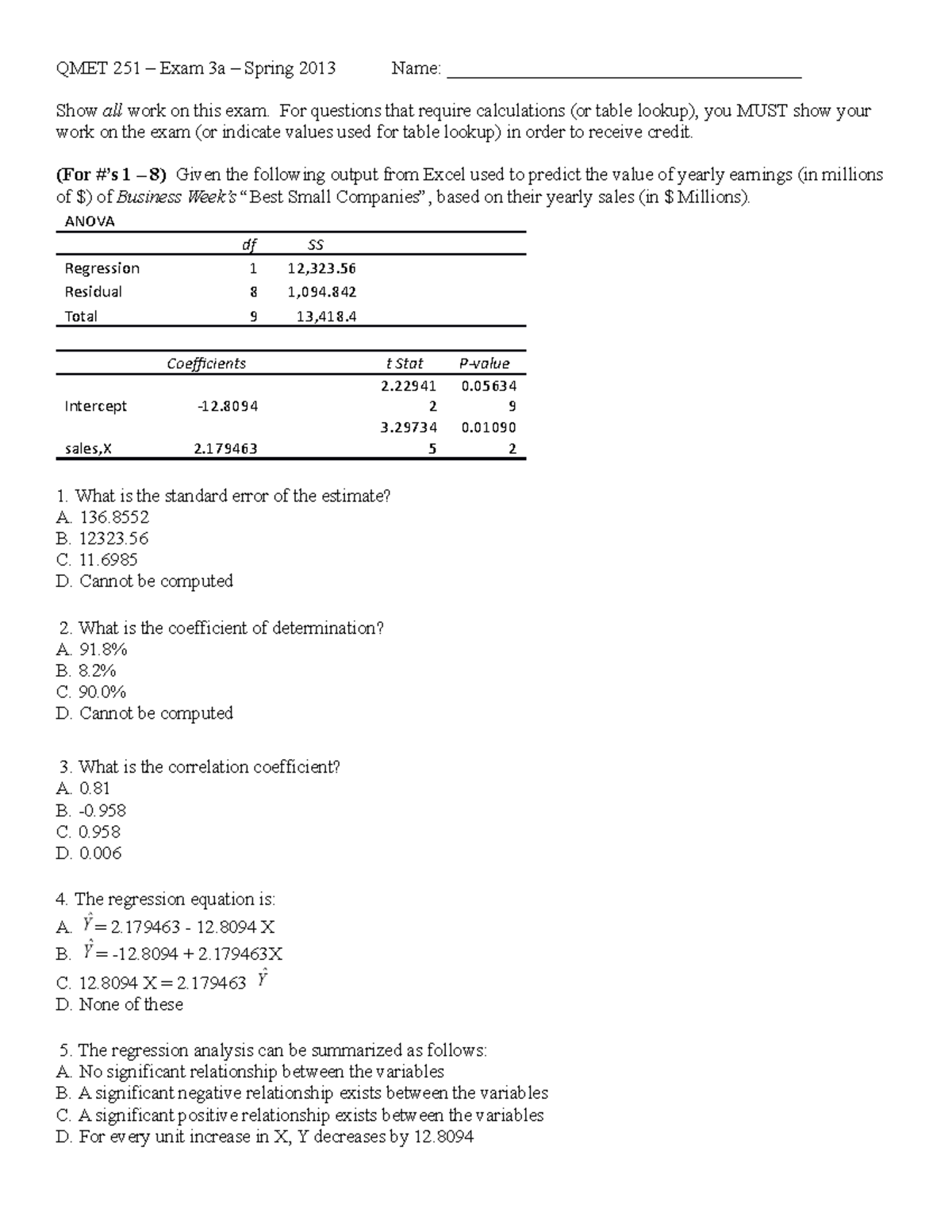 QMET 251 - Sample Exam 3 Questions and Answers (Spring 2013) - Studocu