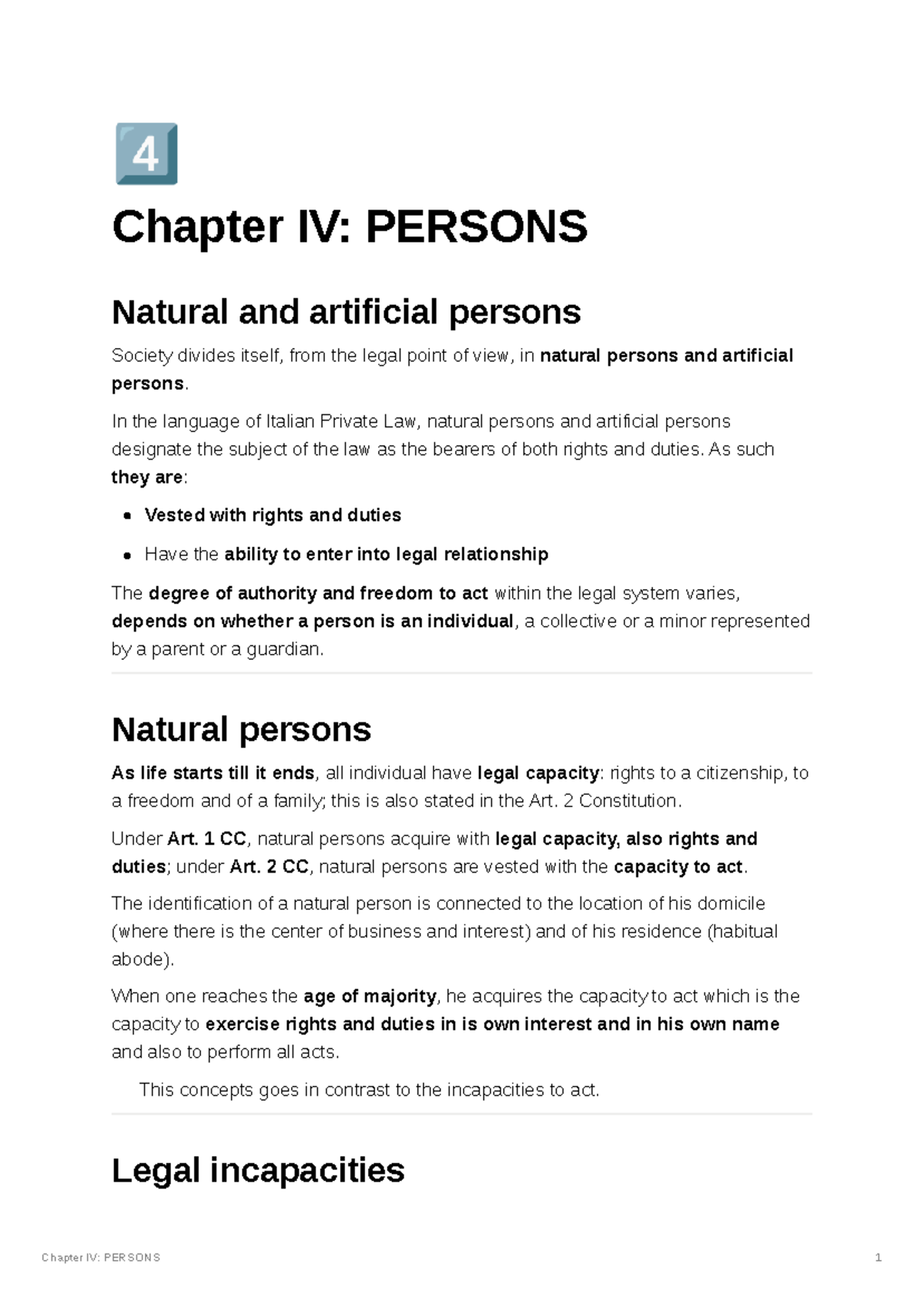 Chapter IV: Persons - Summary of Natural and Artificial Persons - Studocu