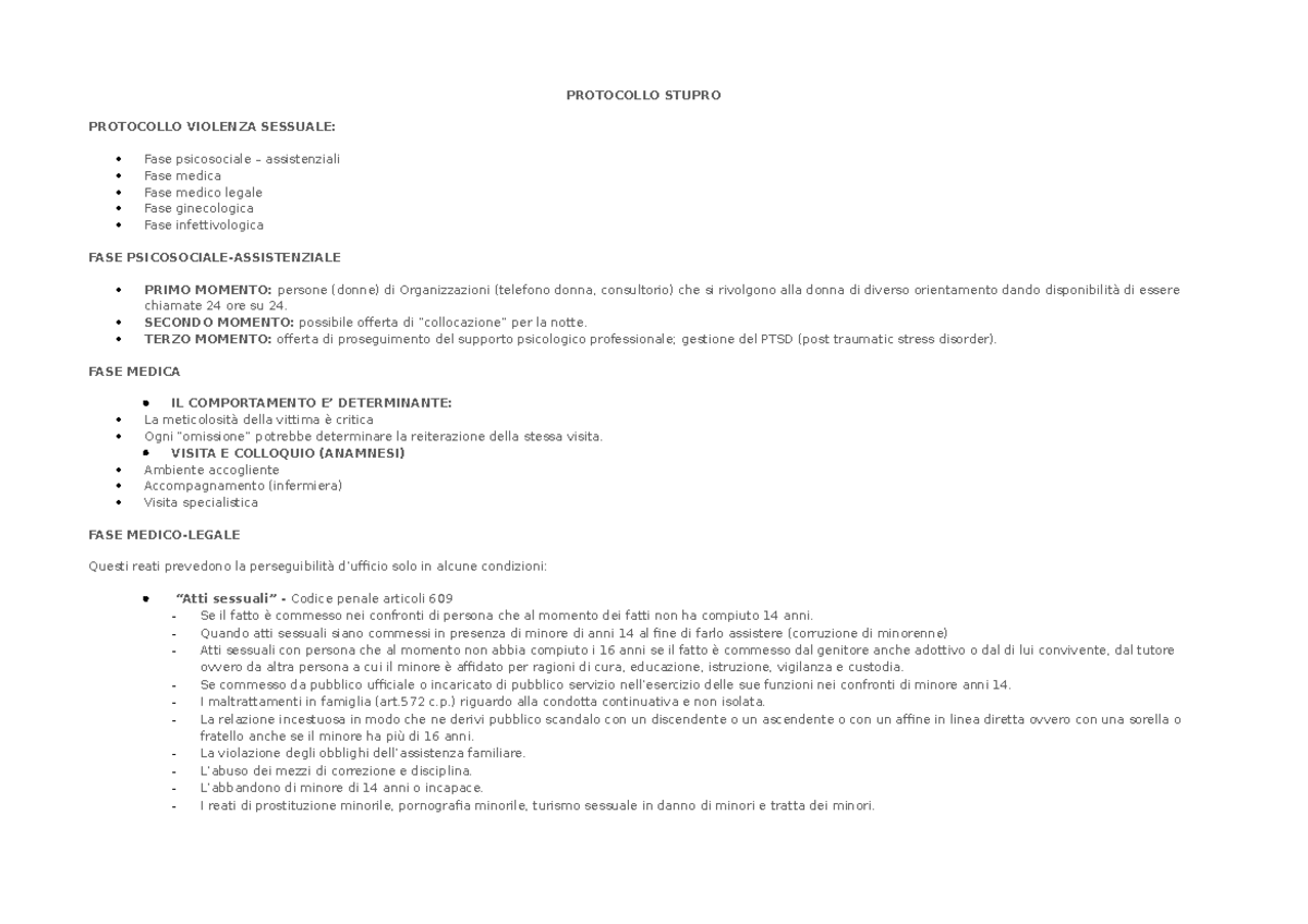 Riassunto Protocollo Stupro: Guida per Infermieri e Professionisti - Studocu