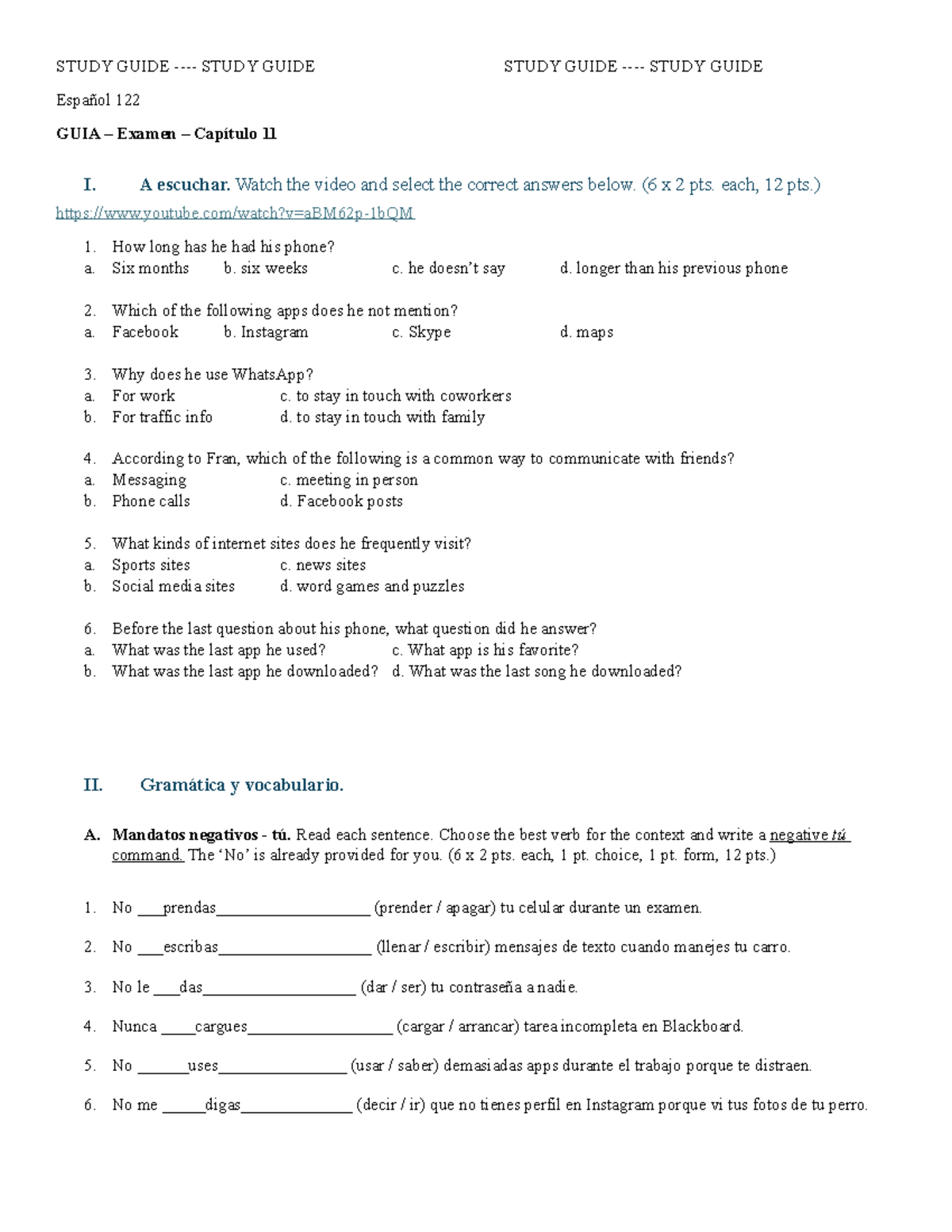Español 122 - Guía de Estudio para el Examen de Capítulo 11 - Studocu