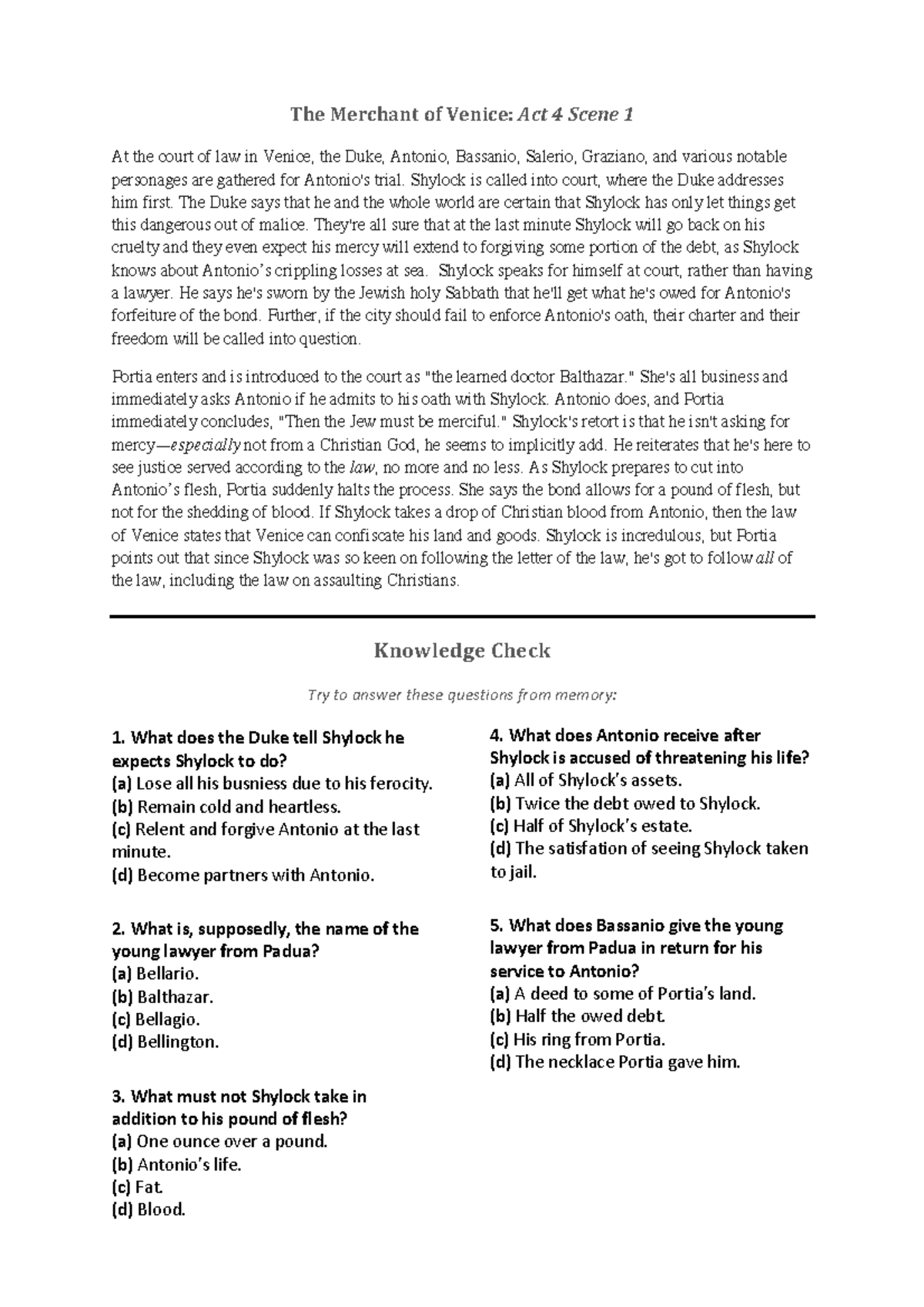 The Merchant of Venice: Act 4 Scene 1 Analysis & Key Quotes - Studocu