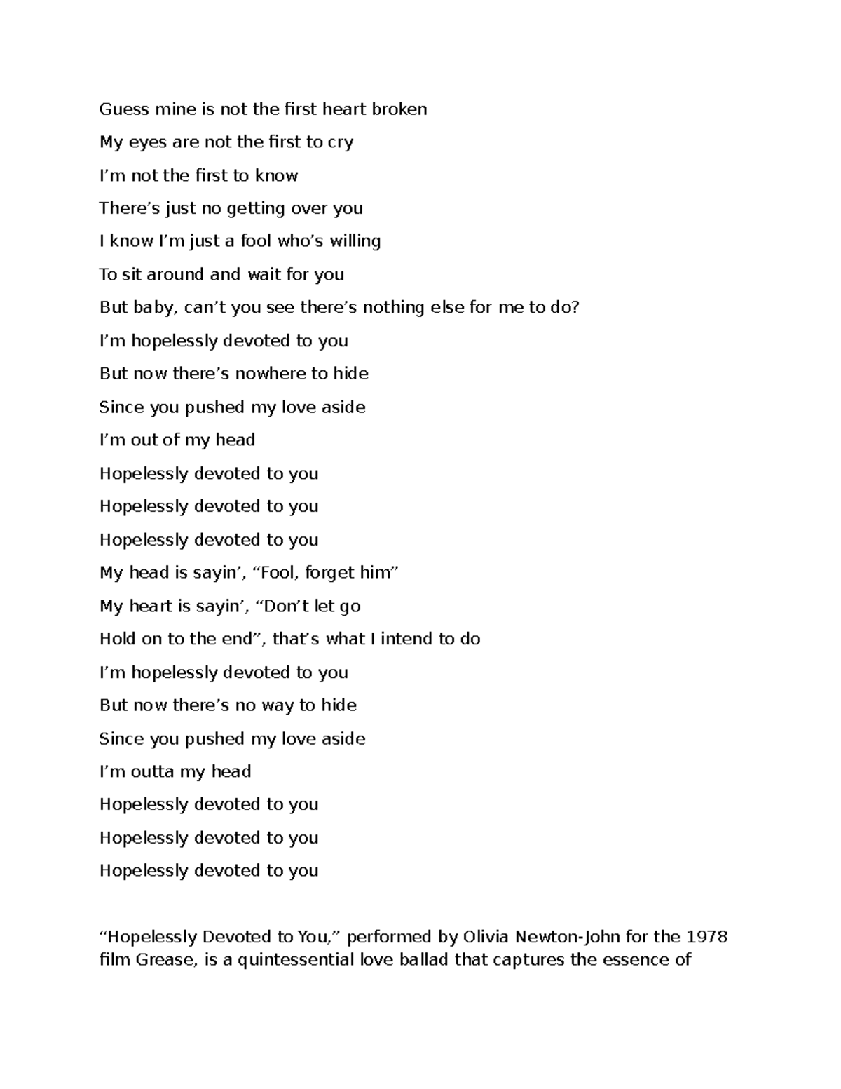 Lyrics Critique: "Hopelessly Devoted to You" - Abasta Analysis - Studocu