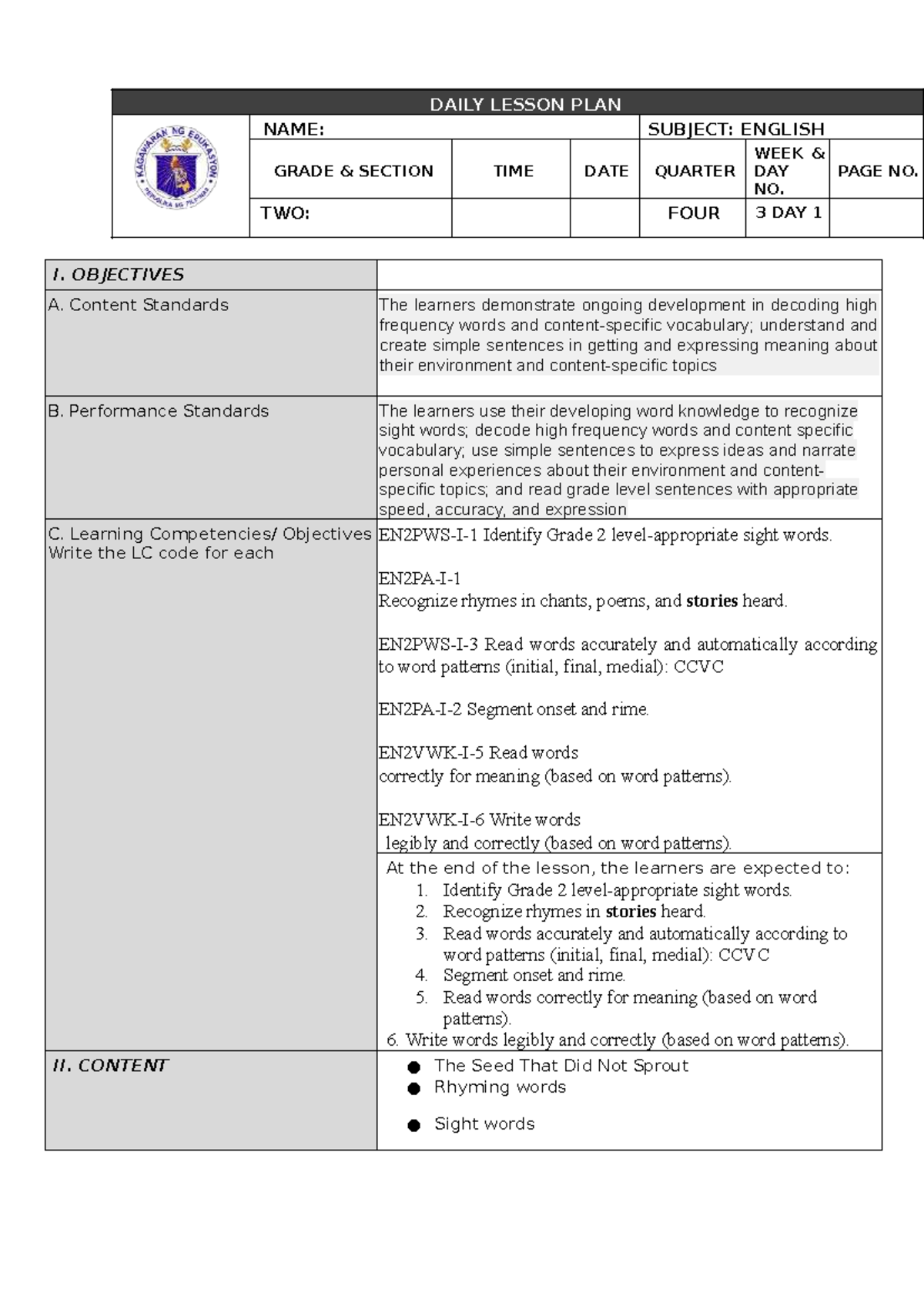 DAILY LESSON PLAN: ENGLISH GRADE 2 - QUARTER 4, WEEK 1 - Studocu