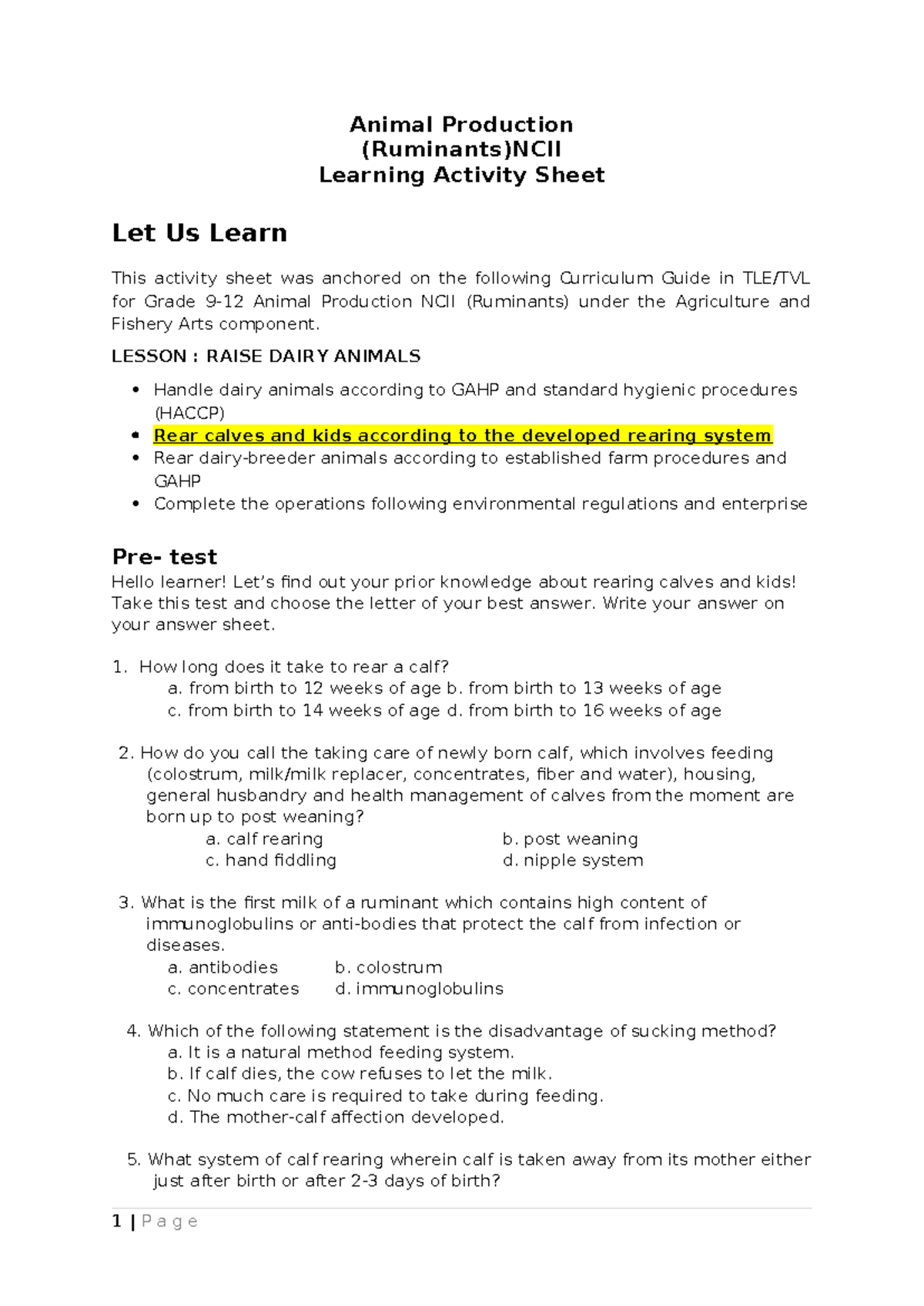 Q3 M2 AP Ruminants - Learning Activity on Dairy Animal Rearing - Studocu