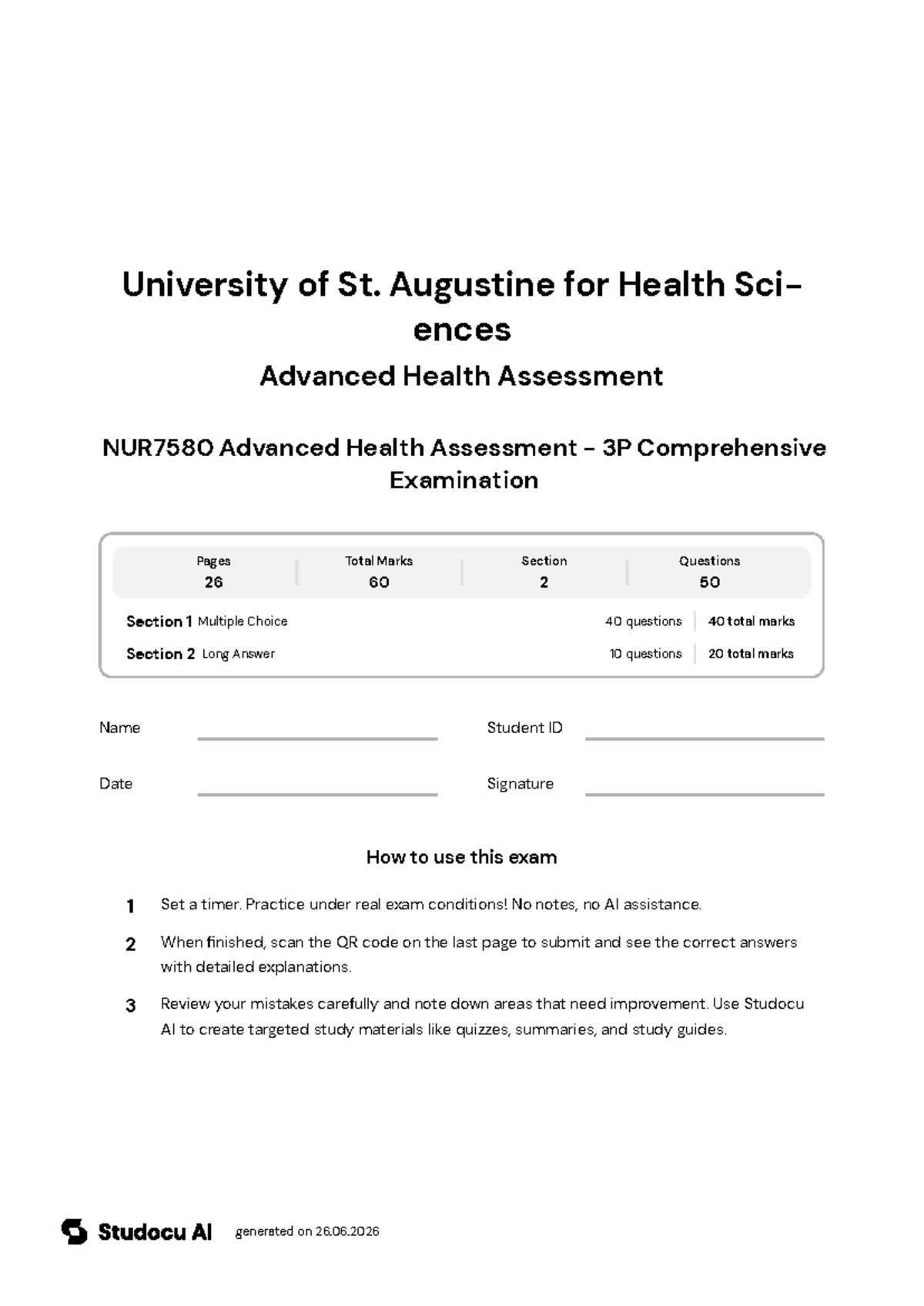 NUR7580 Advanced Health Assessment - 3P Exam - Studocu