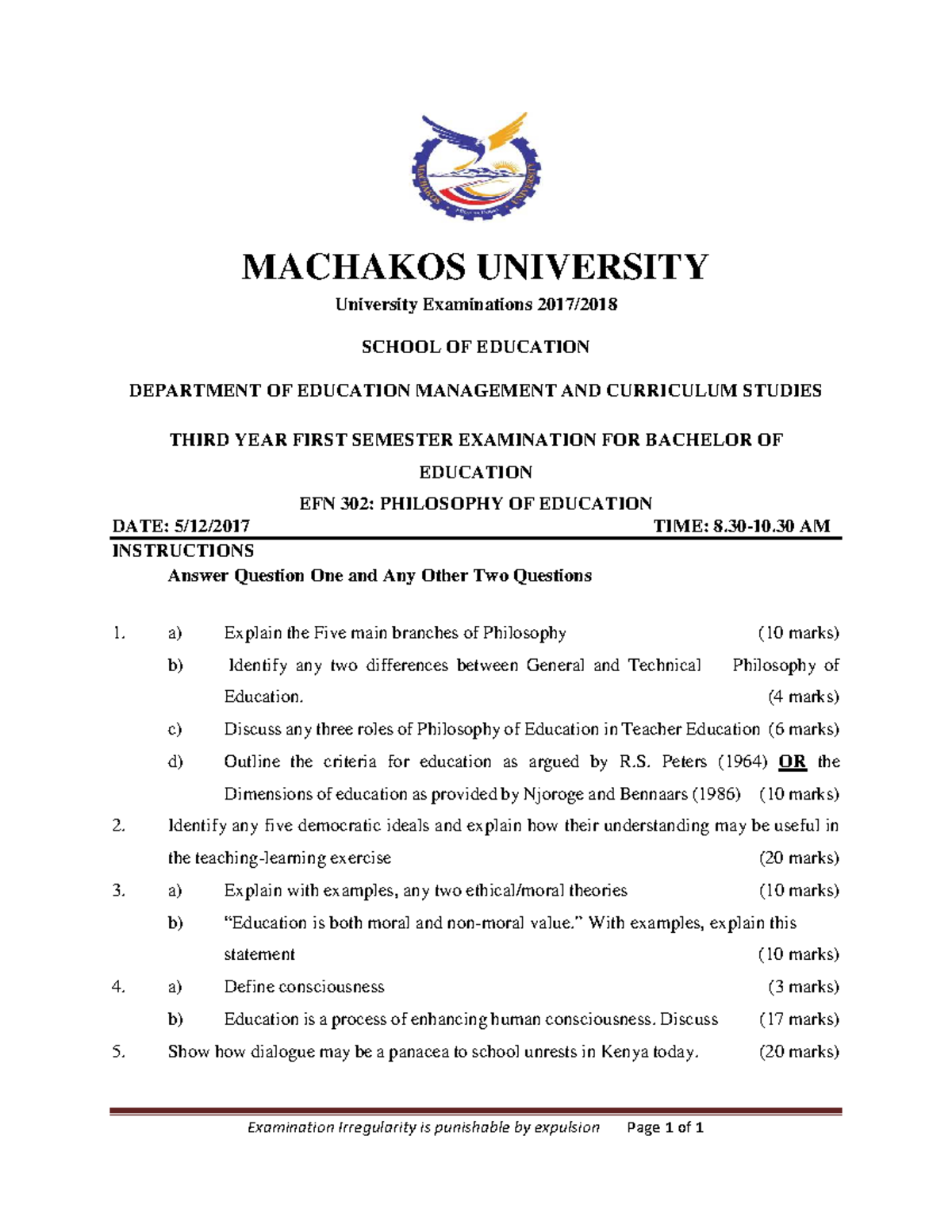 Philosophy OF Education - Examination Irregularity is punishable by ...