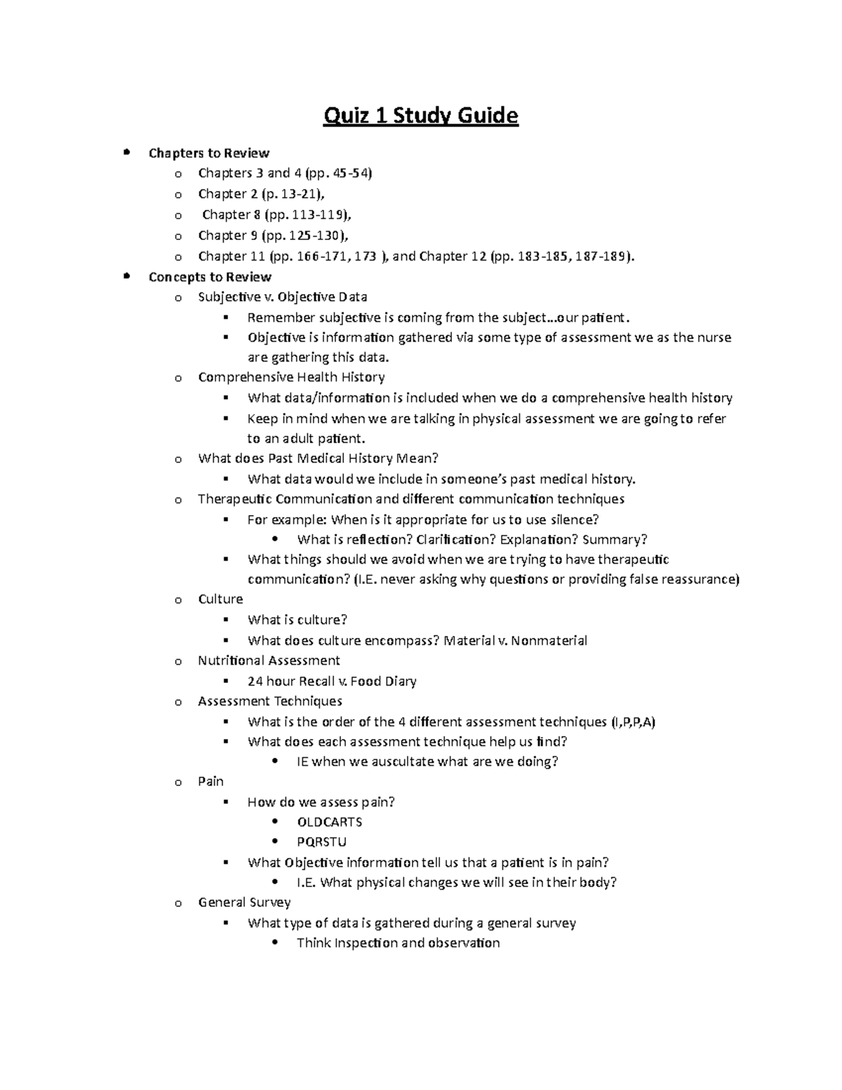 Quiz 1 Study Guide material - Quiz 1 Study Guide Chapters to Review o ...