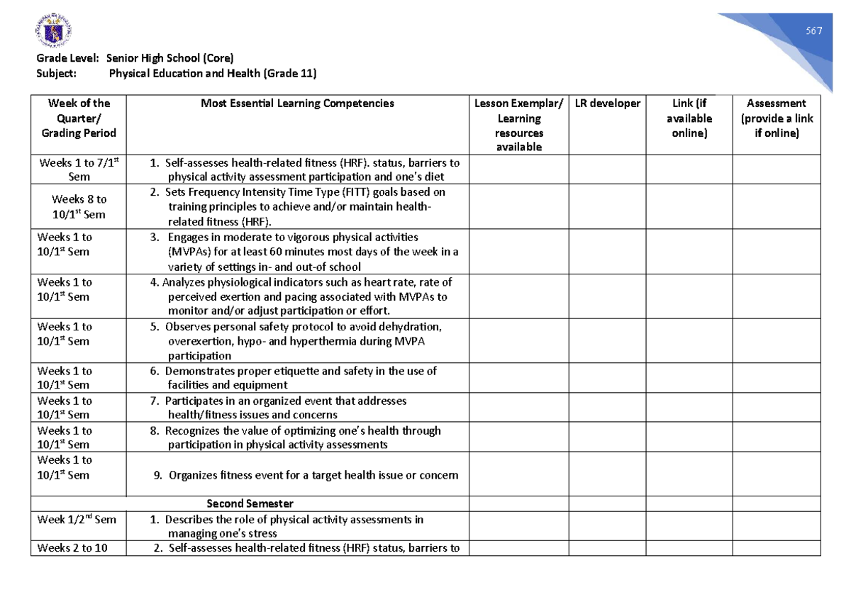 Physical Education & Health (PEH 11 & 12) Learning Competencies Overview - Studocu