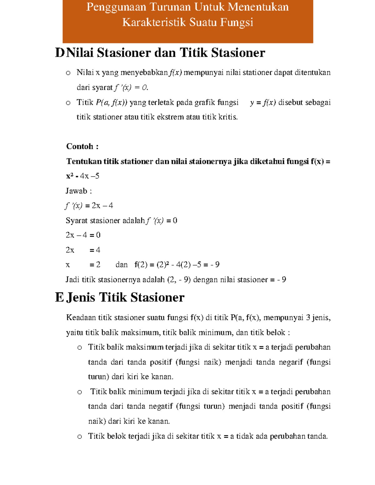 Nilai Stasioner dan Titik Stasioner - o Titik P(a, f(x)) yang terletak ...