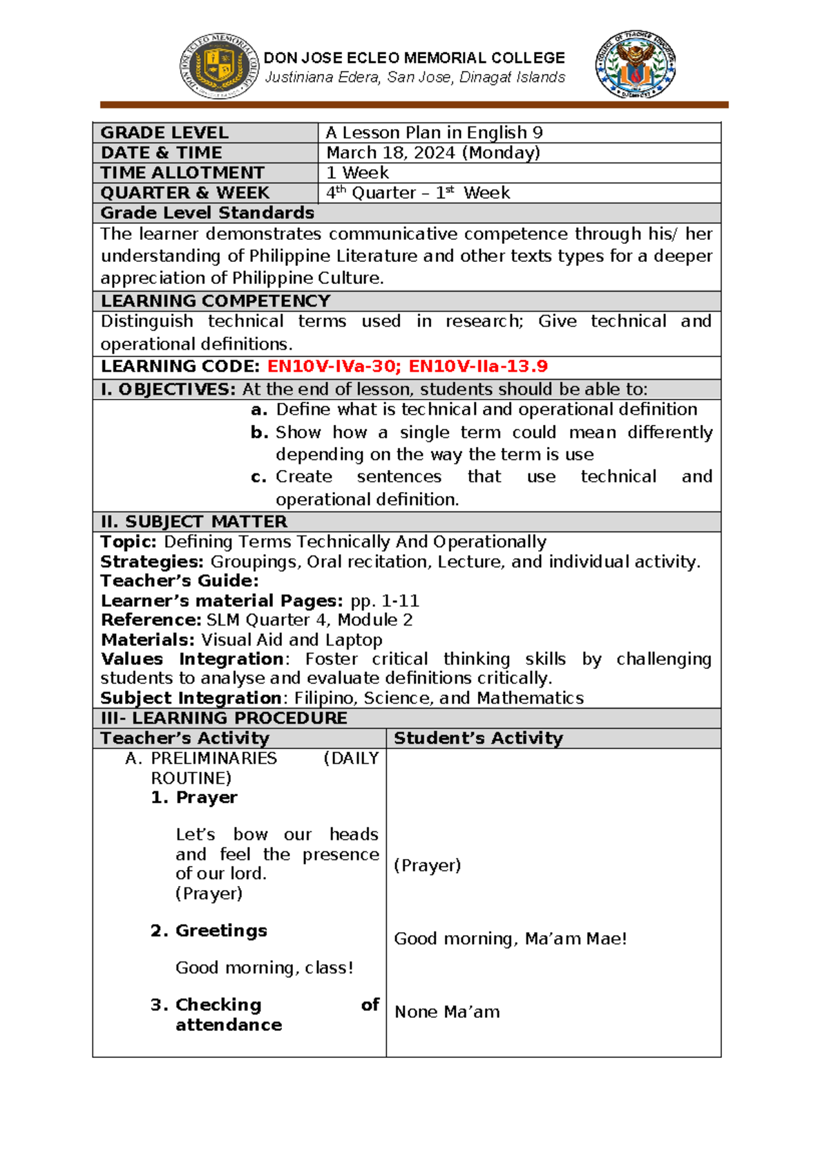 DLP for G10 English - Lesson Plan on Technical and Operational ...