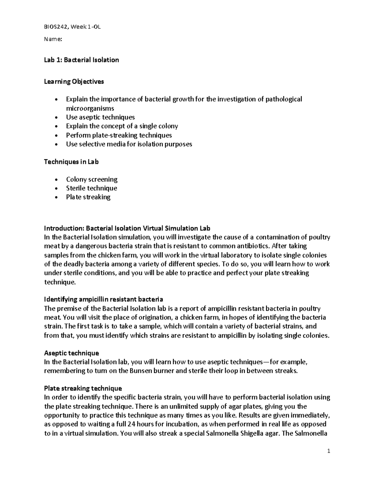 BIOS242 WK1 Lab Report: Bacterial Isolation and Techniques - Studocu