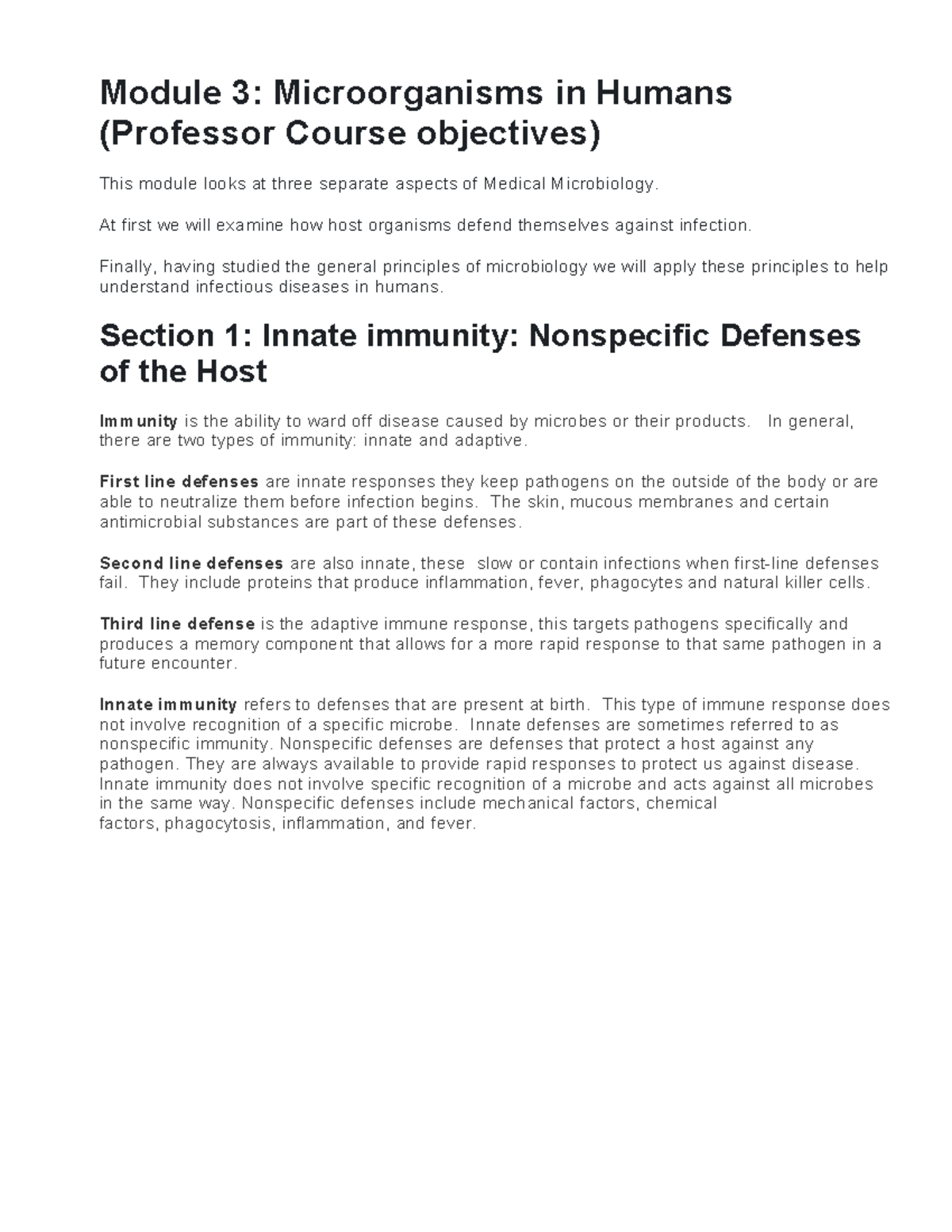 Innate Immunity Obj - Module 3: Microorganisms in Humans (Professor ...