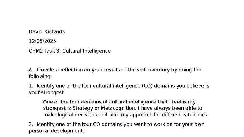 CHM2 Task 2: Enhancing Cultural Intelligence Skills and Strategies ...