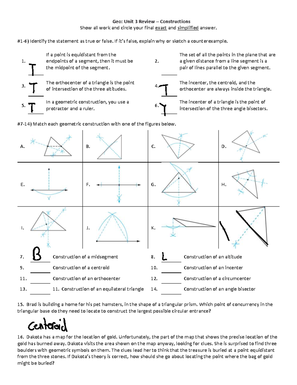 Geo: Unit 3 Review – Constructions & Angle Bisector Problems - Studocu