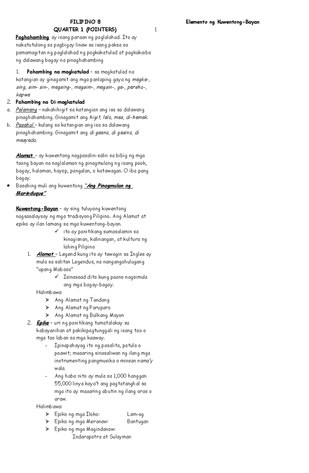 Noon at Ngayon filipino 8 - FILIPINO 8 QUARTER 1 (POINTERS) Paghahambing ay isang paraan ng ...