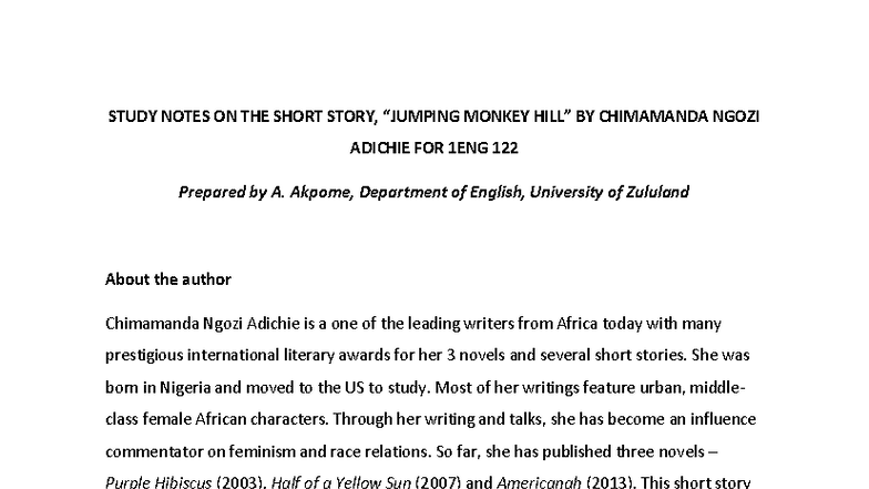 STUDY NOTES ON JUMPING MONKEY HILL BY ADICHIE FOR 1ENG 122 - Studocu
