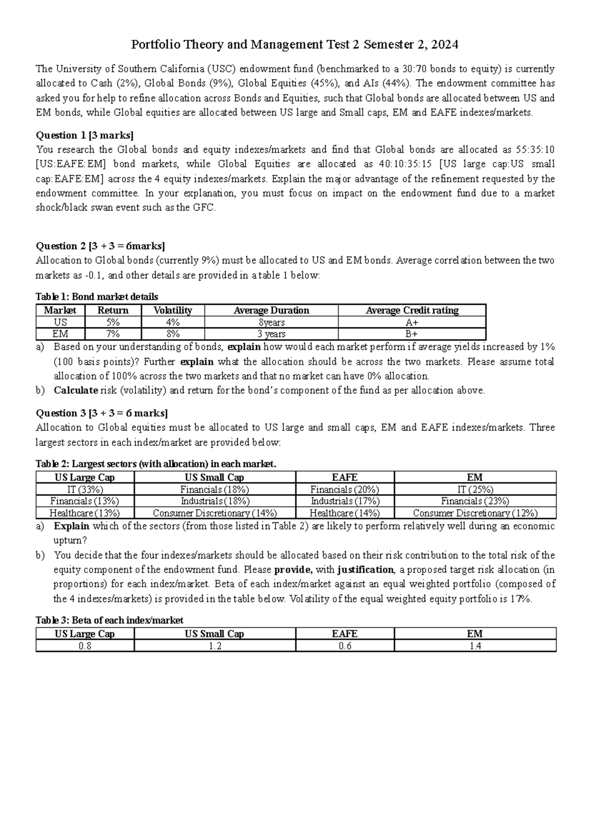 PTM Test 2: Portfolio Theory & Management - USC Semester 2, 2024 - Studocu