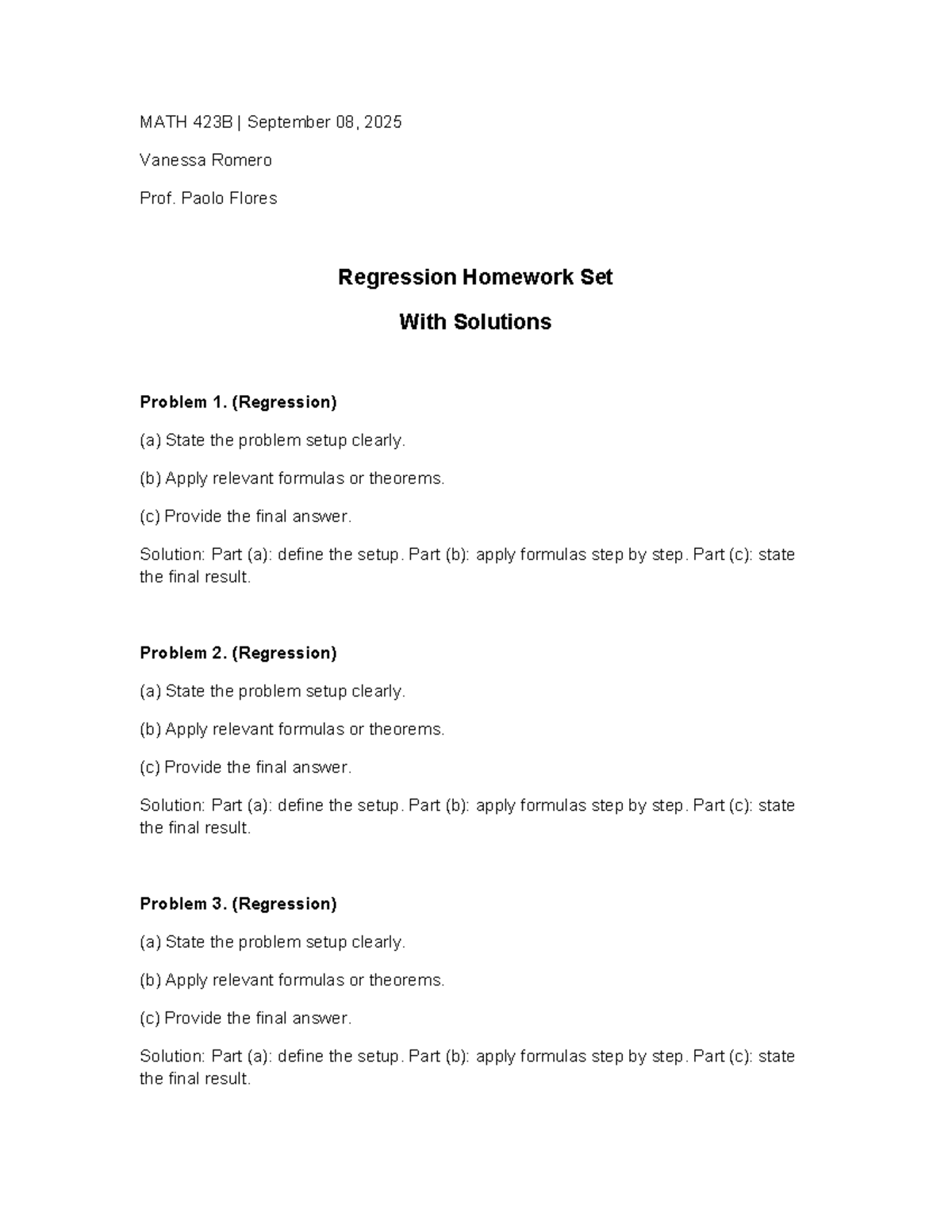 MATH 423B Regression Homework Solutions - Fall 2024 - Studocu