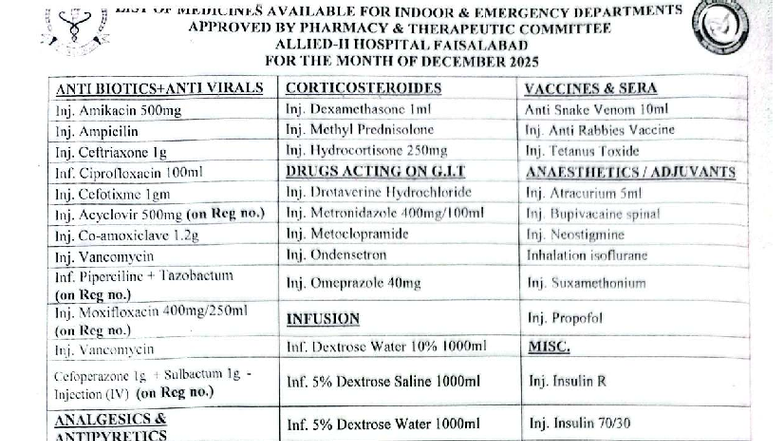 Injectable Drug List for December 2025 - Allied-II Hospital - Studocu