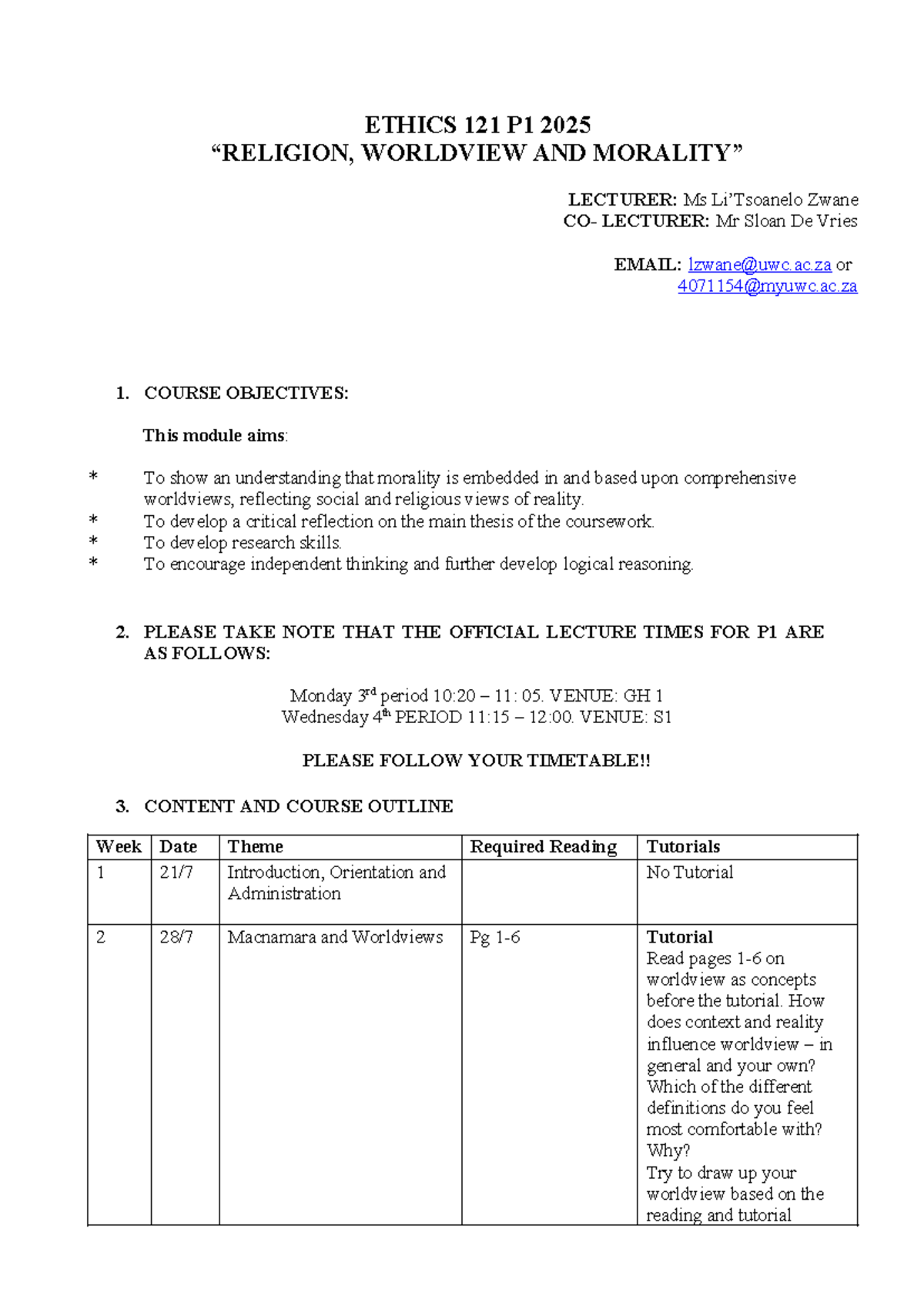ETHICS 121 P1 Course Outline 2025: Worldviews Overview - Studocu