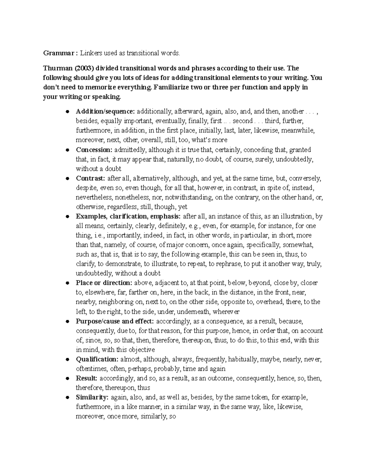 Grammar: Transitional Words and Linkers for Writing (PUR COM) - Studocu