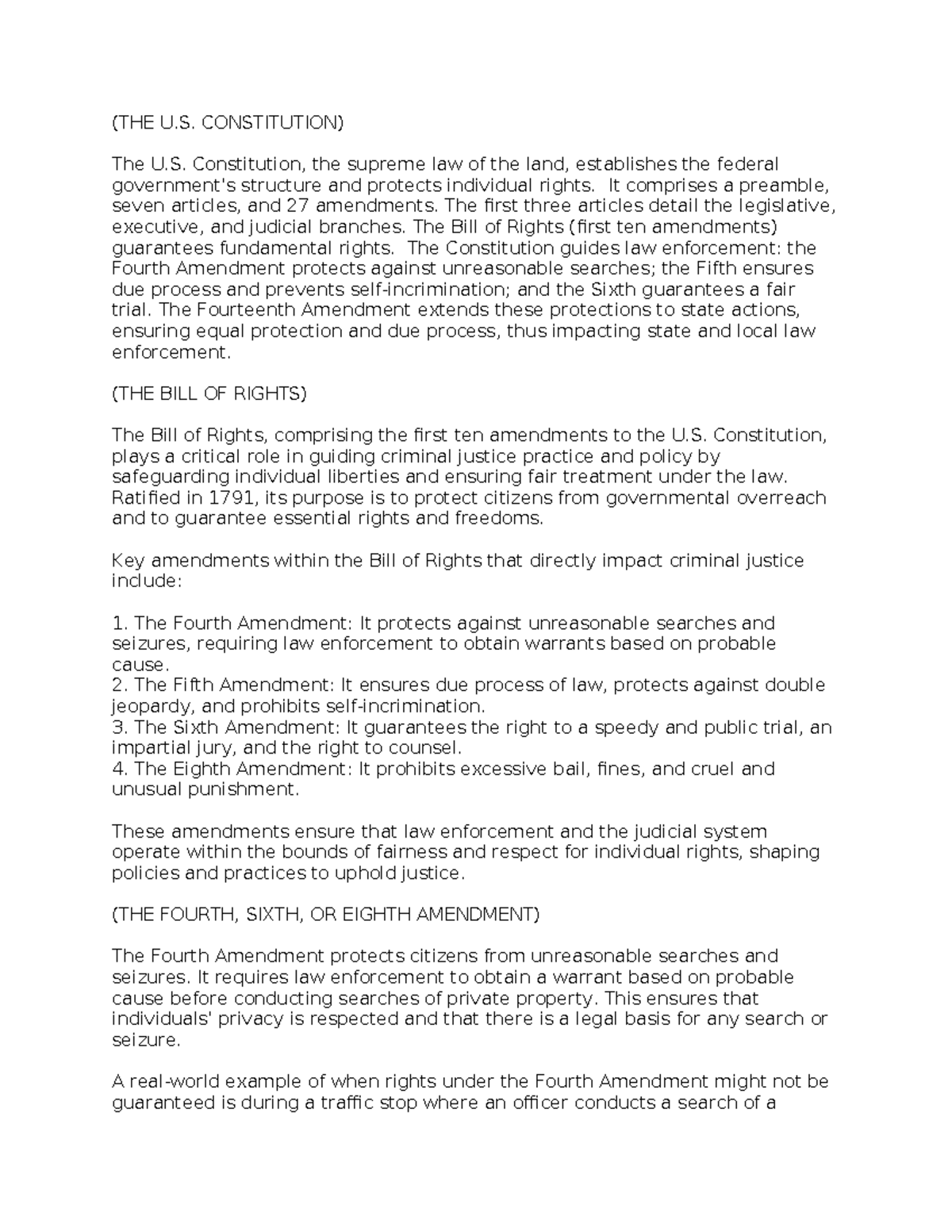 CJ 112 Project One: Understanding the U.S. Constitution & Bill of ...