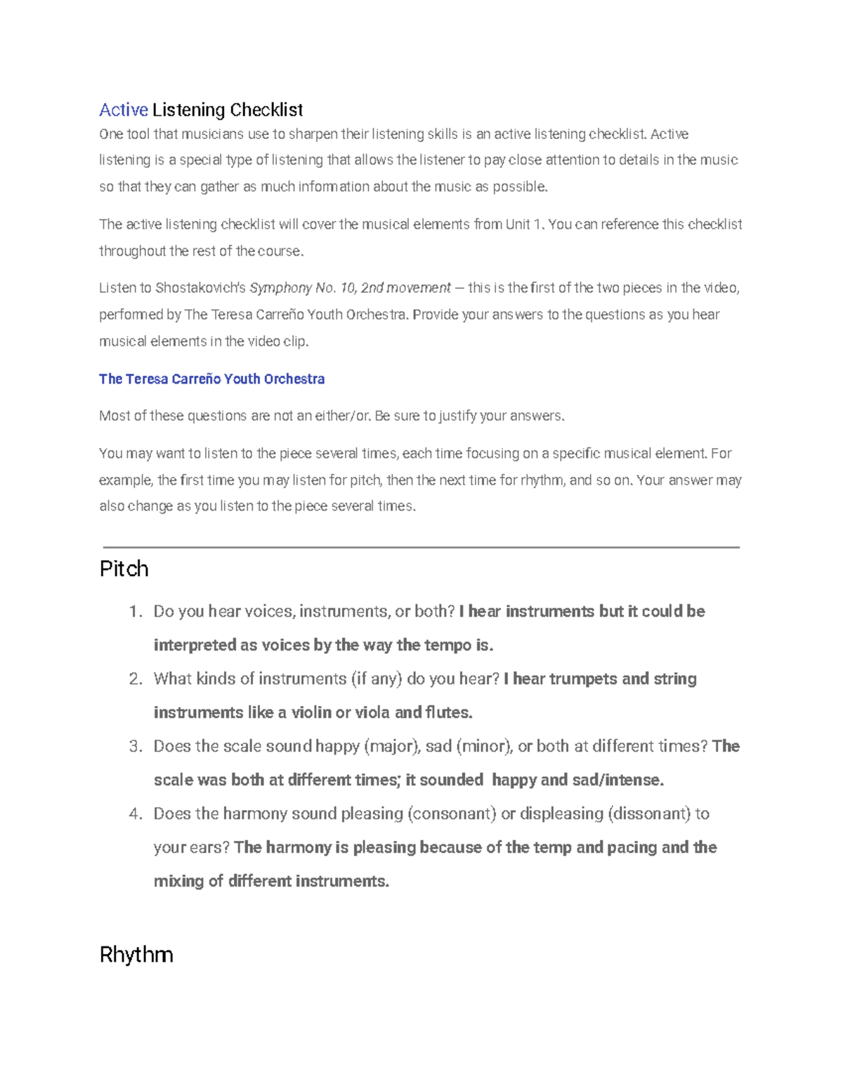 Unit 1 Active Listening Checklist for Music Elements - Studocu