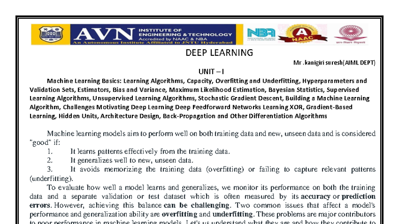 AIML 101: Unit I - Machine Learning Basics and Deep Learning Concepts ...
