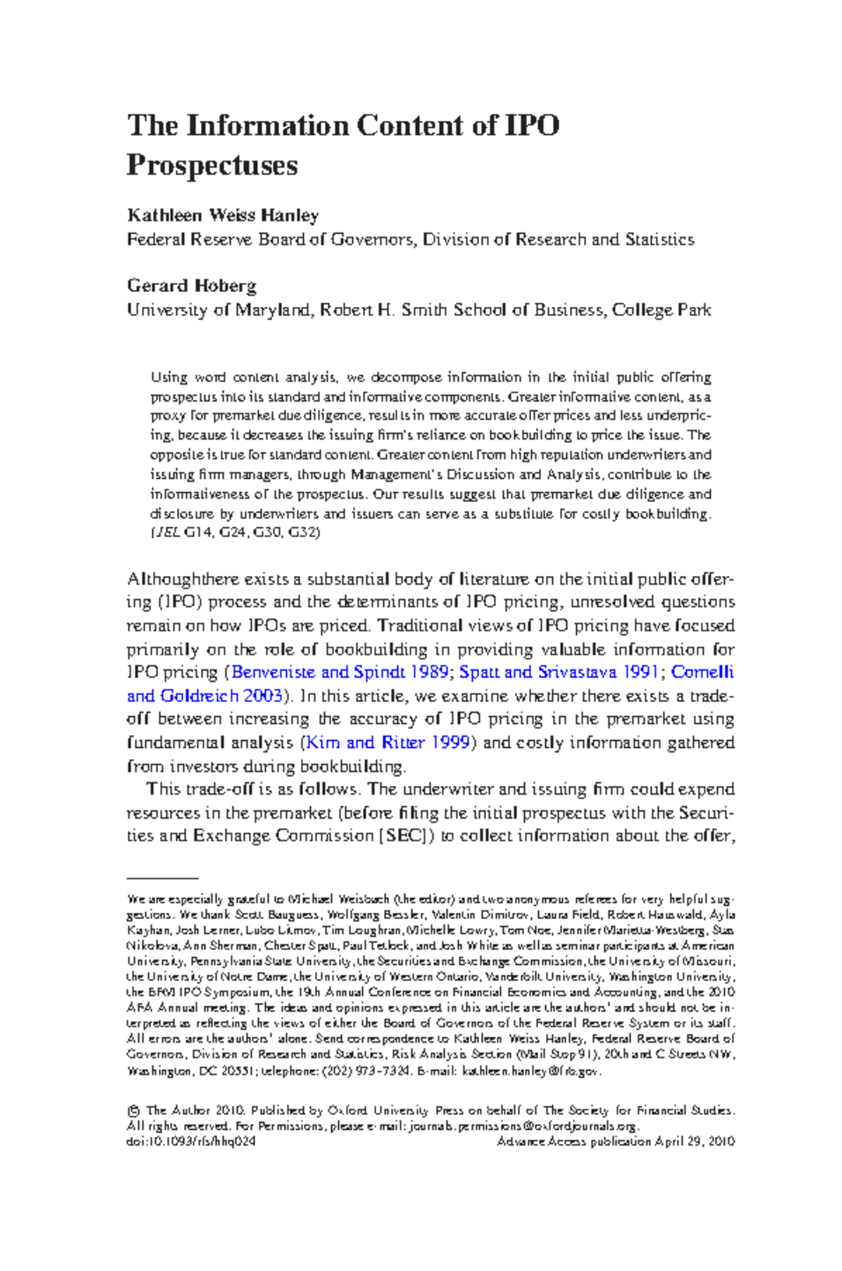 Hanley & Hoberg 2010: Information Content of IPO Prospectuses Analysis ...