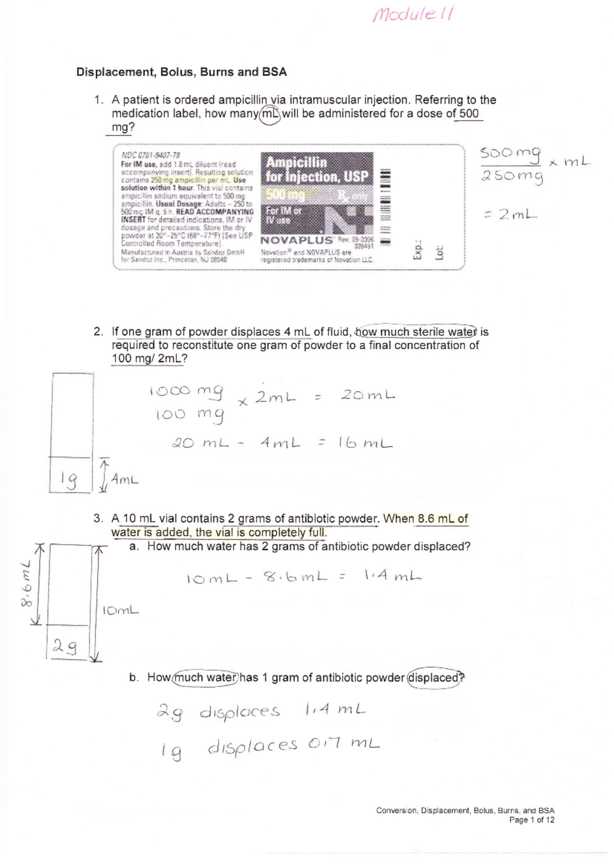 MEDICATION CALCULATIONS - Conversion Displacement Bolus Burns WITH ...