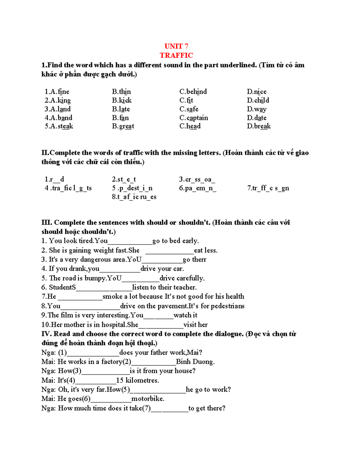 UNIT 7 Test 1 - Traffic Vocabulary and Sentence Completion - Studocu