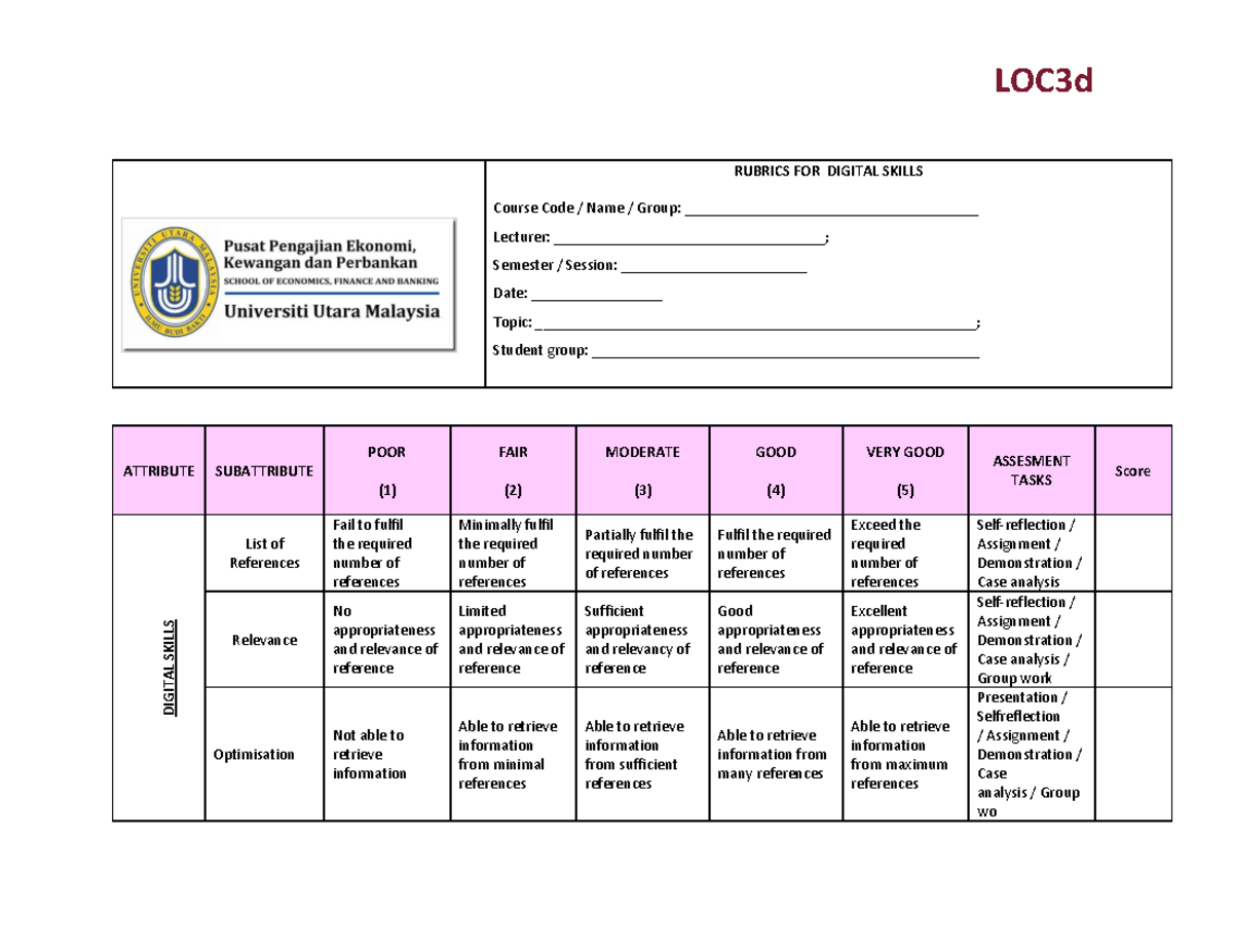 LOC3d Rubrics for Assessing Digital Skills Performance - Studocu