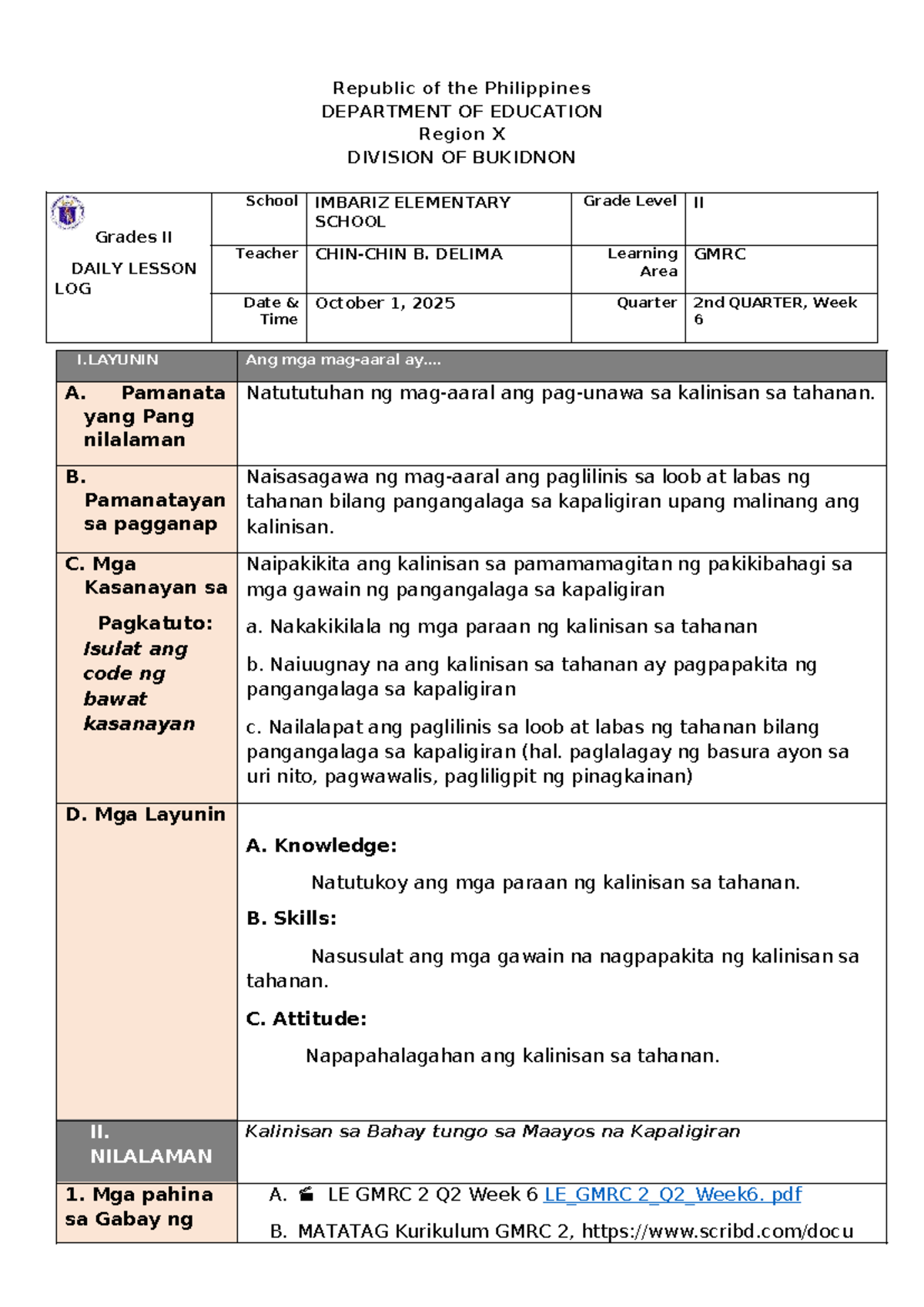 GMRC 2 Q2 Week 6 Lesson Plan: Kalinisan sa Tahanan - Studocu