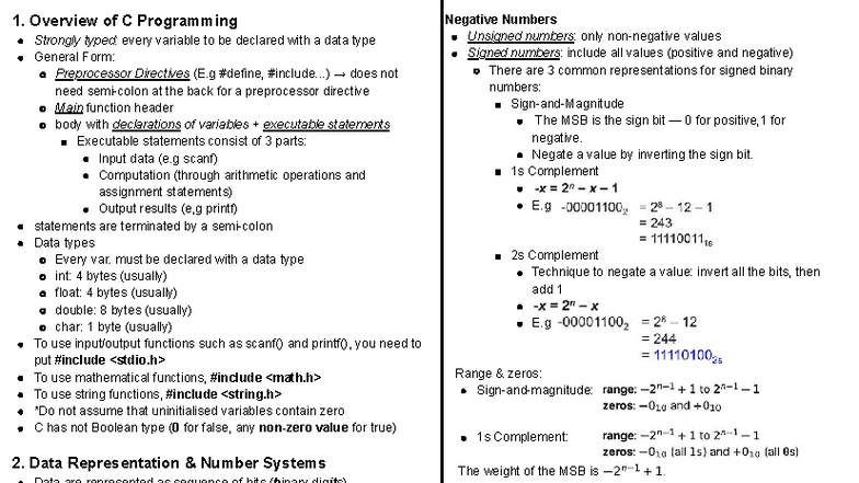 CS2100 Midterm Exam Cheatsheet: C Programming Overview - Studocu