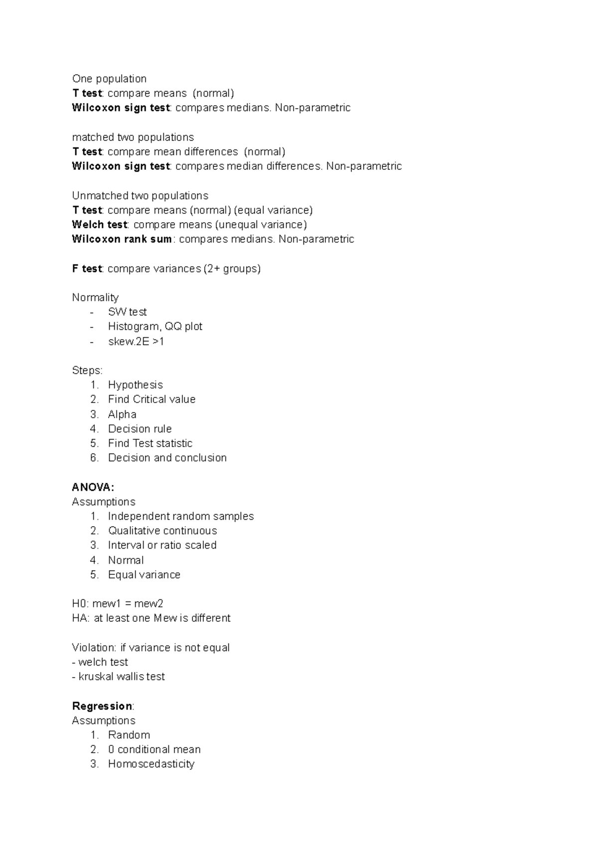 Qm2 Final Exam Revision Notes: Statistical Tests and Assumptions - Studocu