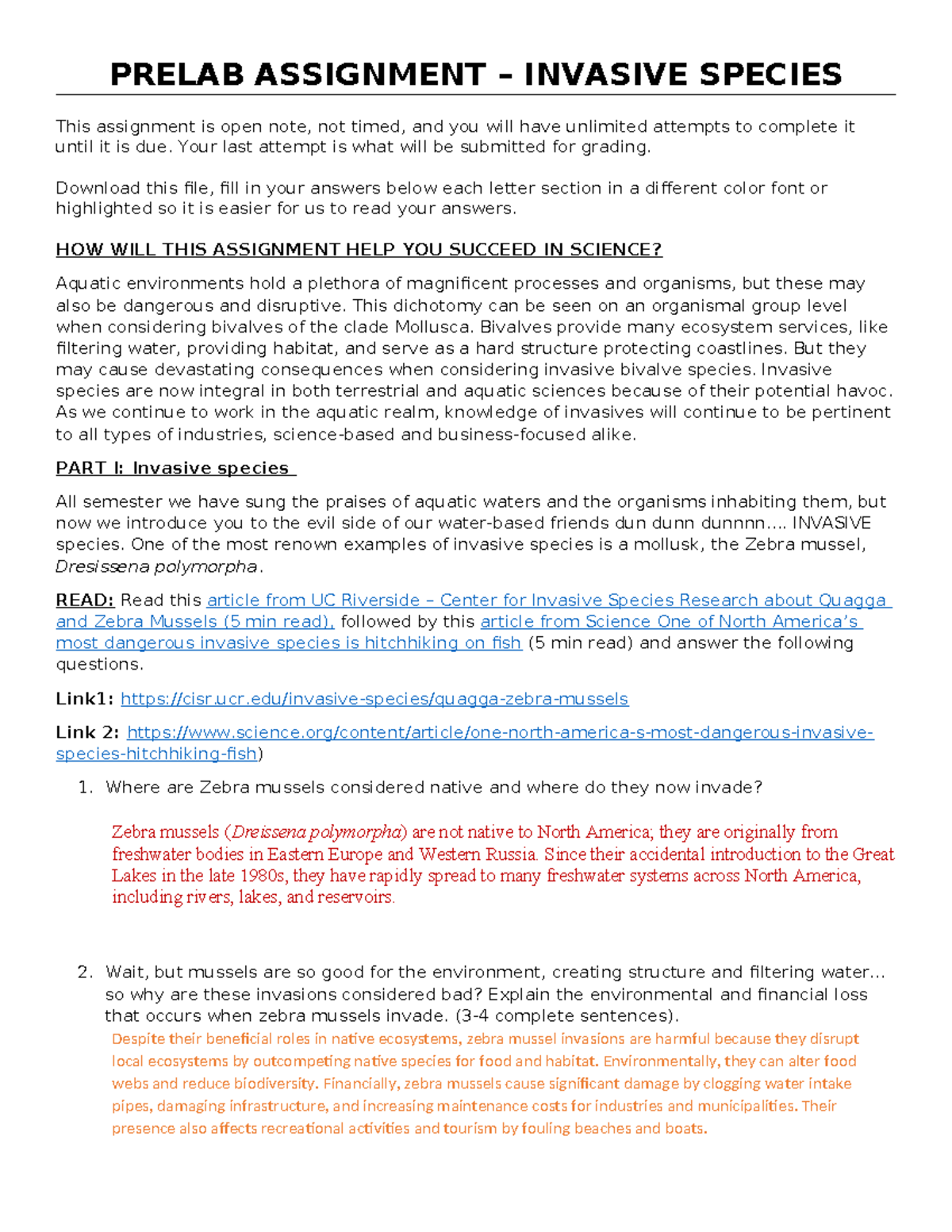 MARB401 Prelab Assignment: Invasive Species & Their Impact - Studocu