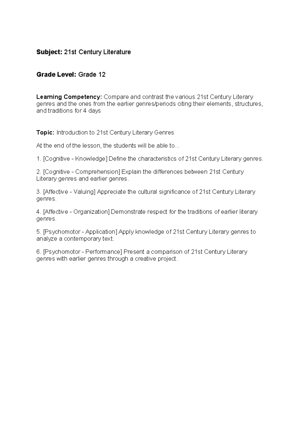 Grade 12 - Daily Lesson Log: 21st Century Literature Insights - Studocu
