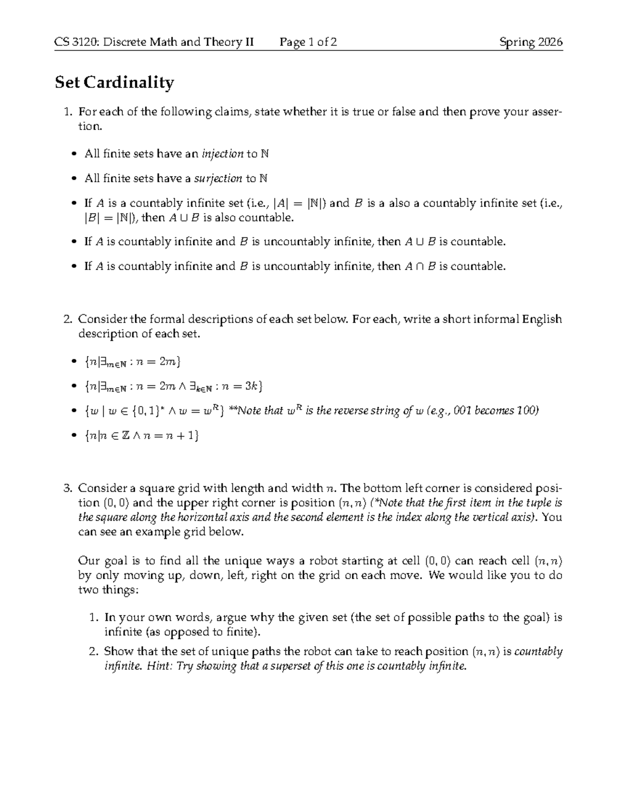 CS 3120: Discrete Math II - Set Cardinality and Infinite Paths - Studocu