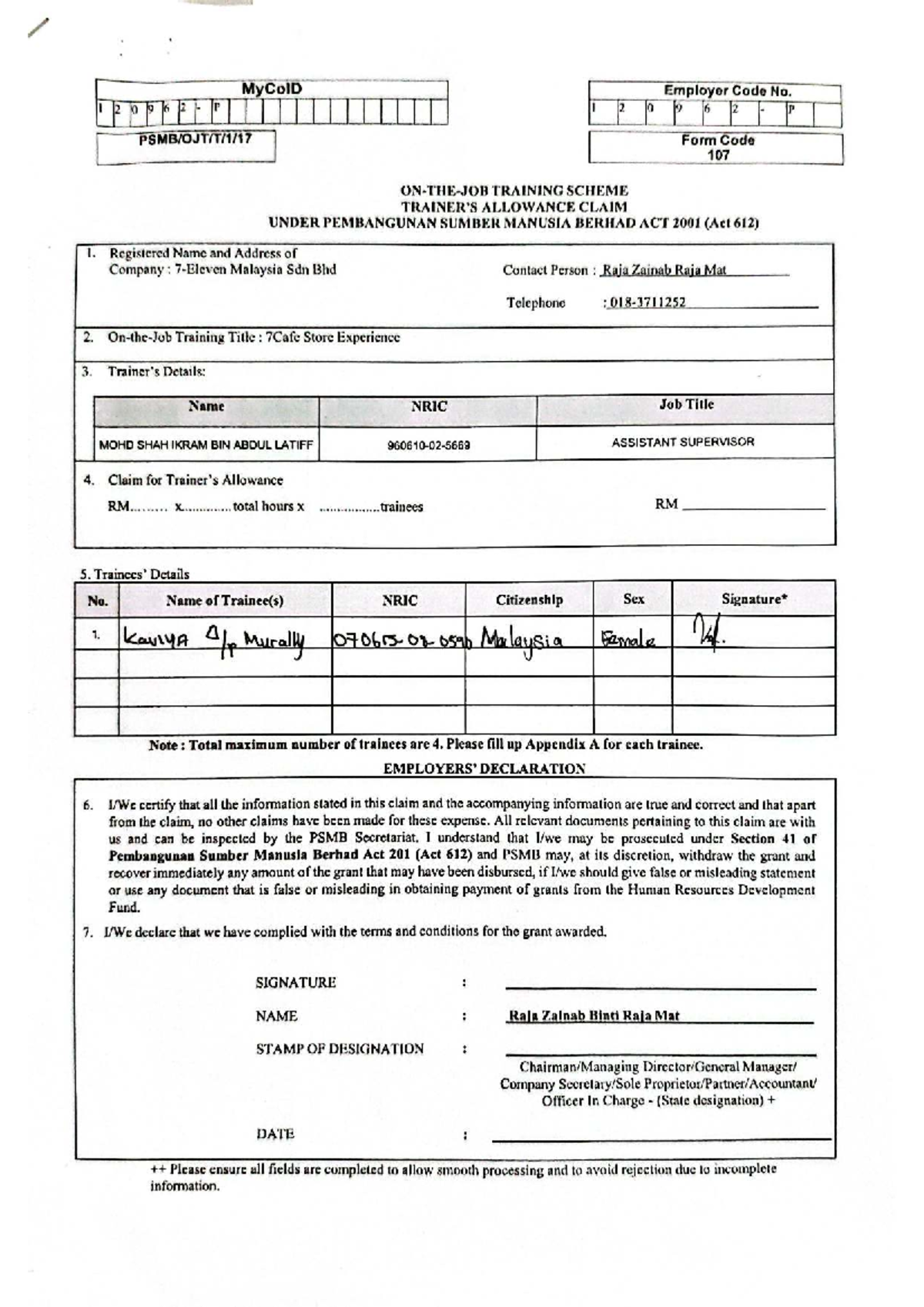 OJT Training Scheme Allowance Claim - Kaviya 2693 - Studocu
