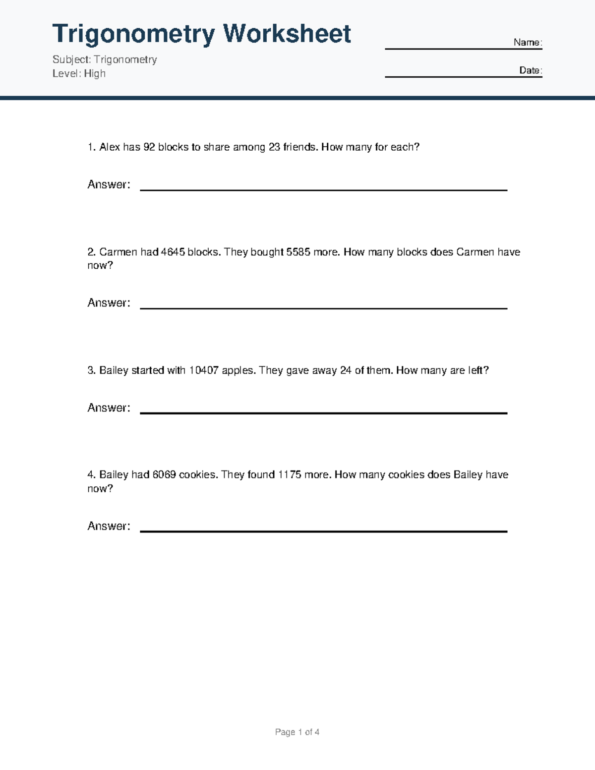 Trigonometry Worksheet (Level: High) - Practice Problems & Answers ...