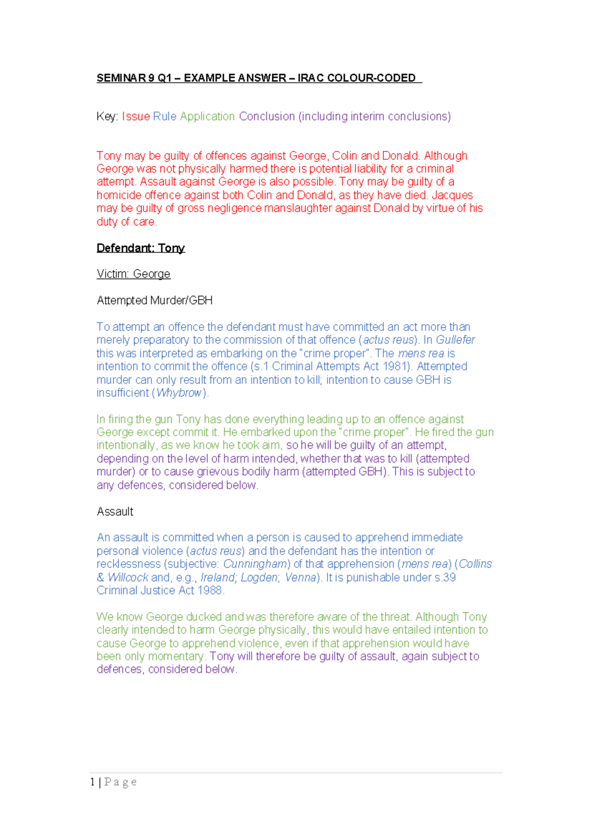 24032020 Seminar 9 Q1 Example Answer - IRAC Colour-Coded Analysis - Studocu