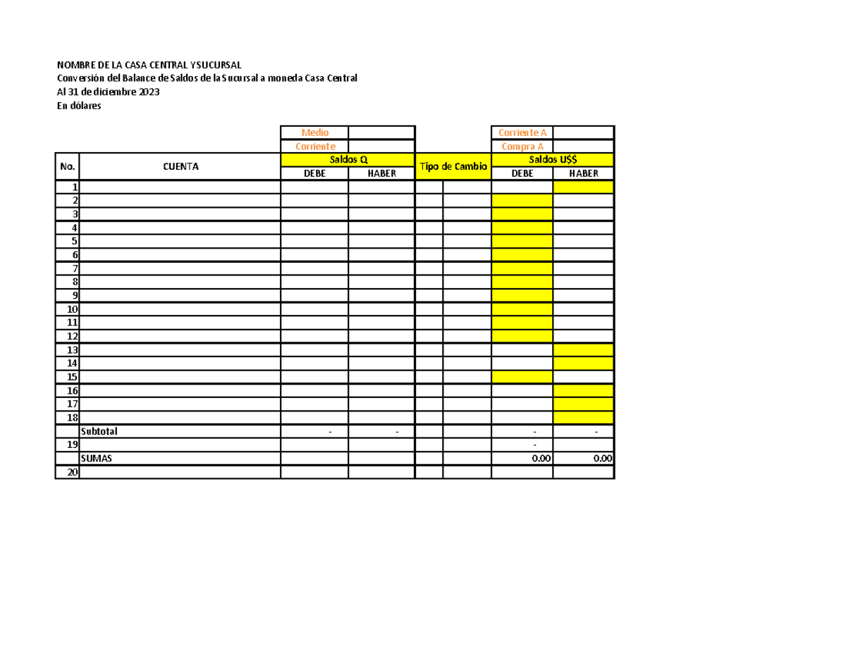 Formato de Ejercicios en Clase: Balance Sucursal a Casa Central - Studocu