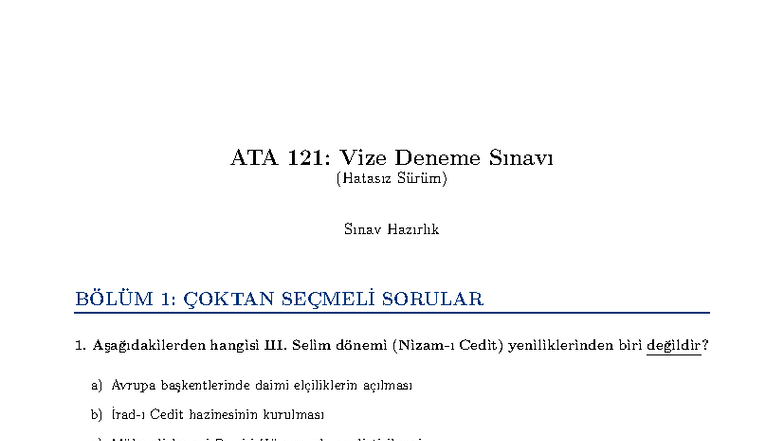 ATA 121: Vize Deneme Sınavı - Soru ve Cevaplar (Hatasız) - Studocu