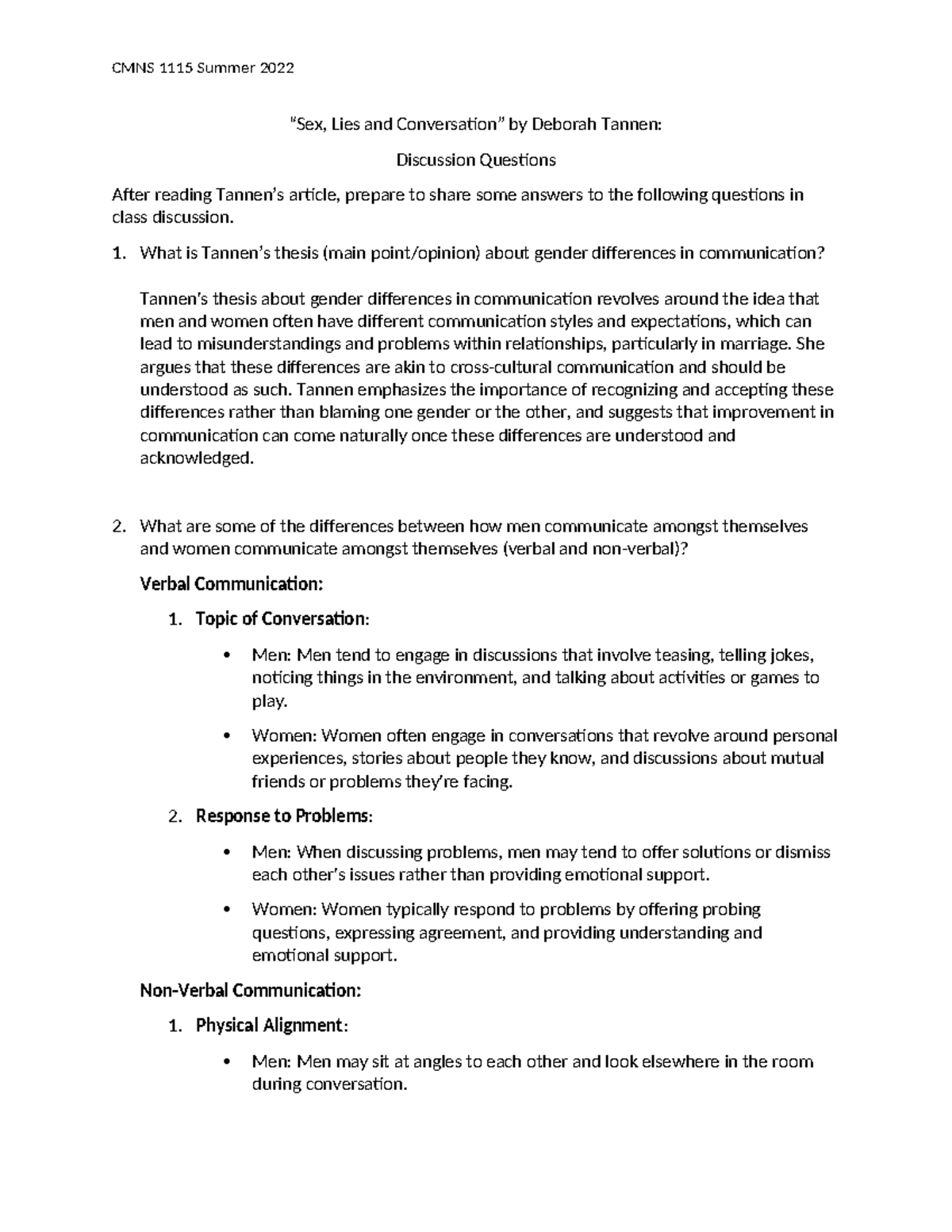 ENG 201: Tannen Discussion Questions on Gender & Communication - Studocu