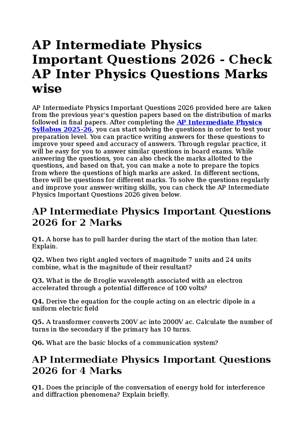 AP Intermediate Physics Important Questions 2026: Marks-Wise Breakdown ...
